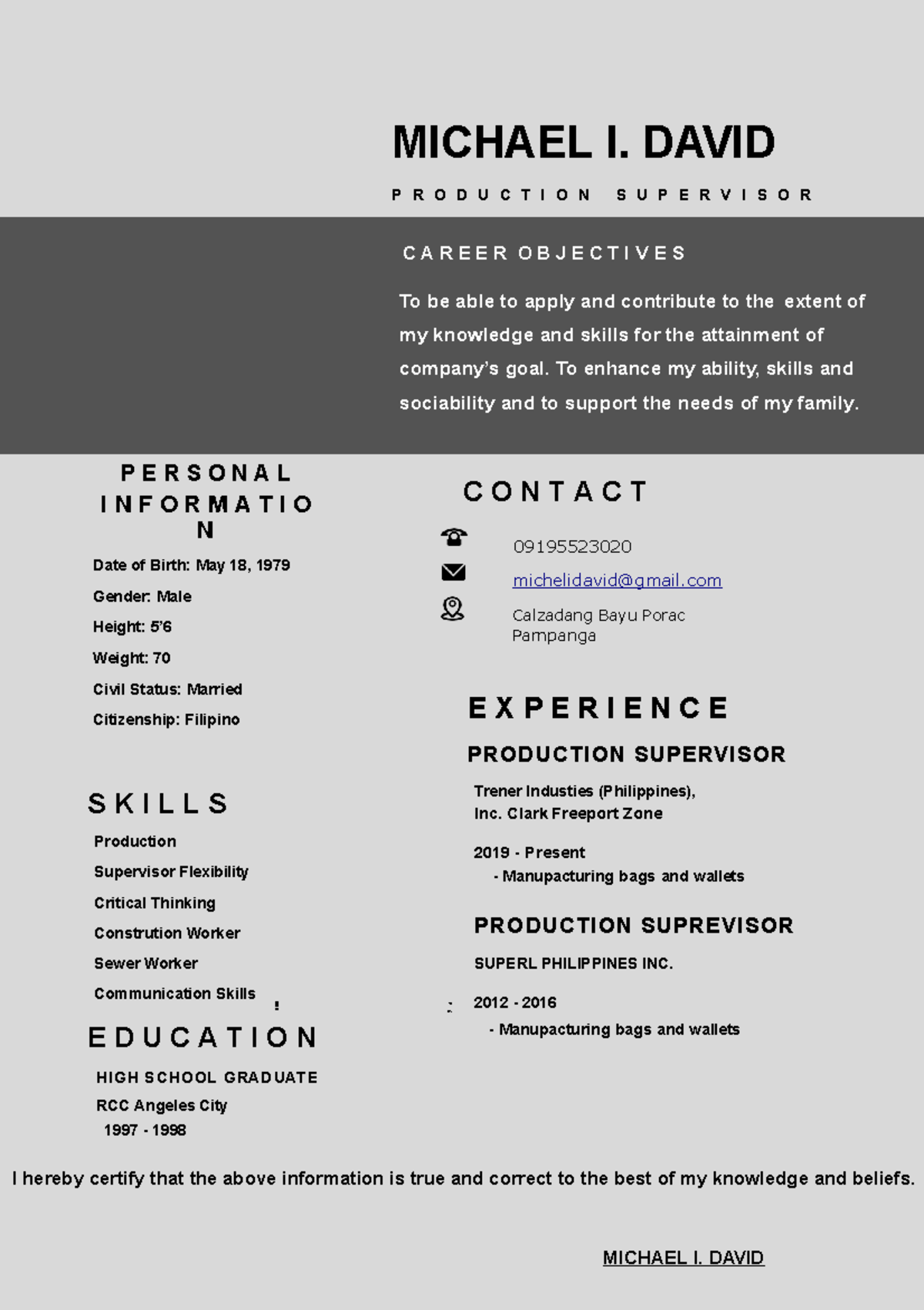Modern-Grey-Resume - MICHAEL I. DAVID P R O D U C T I O N S U P E R V I ...