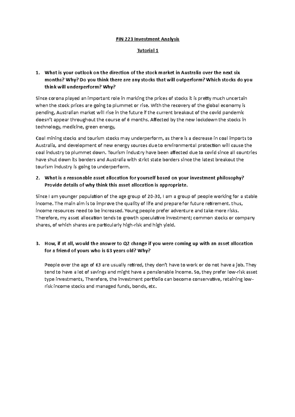 1 - 11 week - FIN 223 Investment Analysis Tutorial 1 1. What is your ...