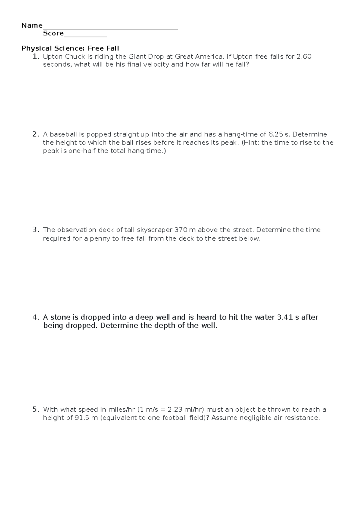 Free fall - practice problems for free fall - Name