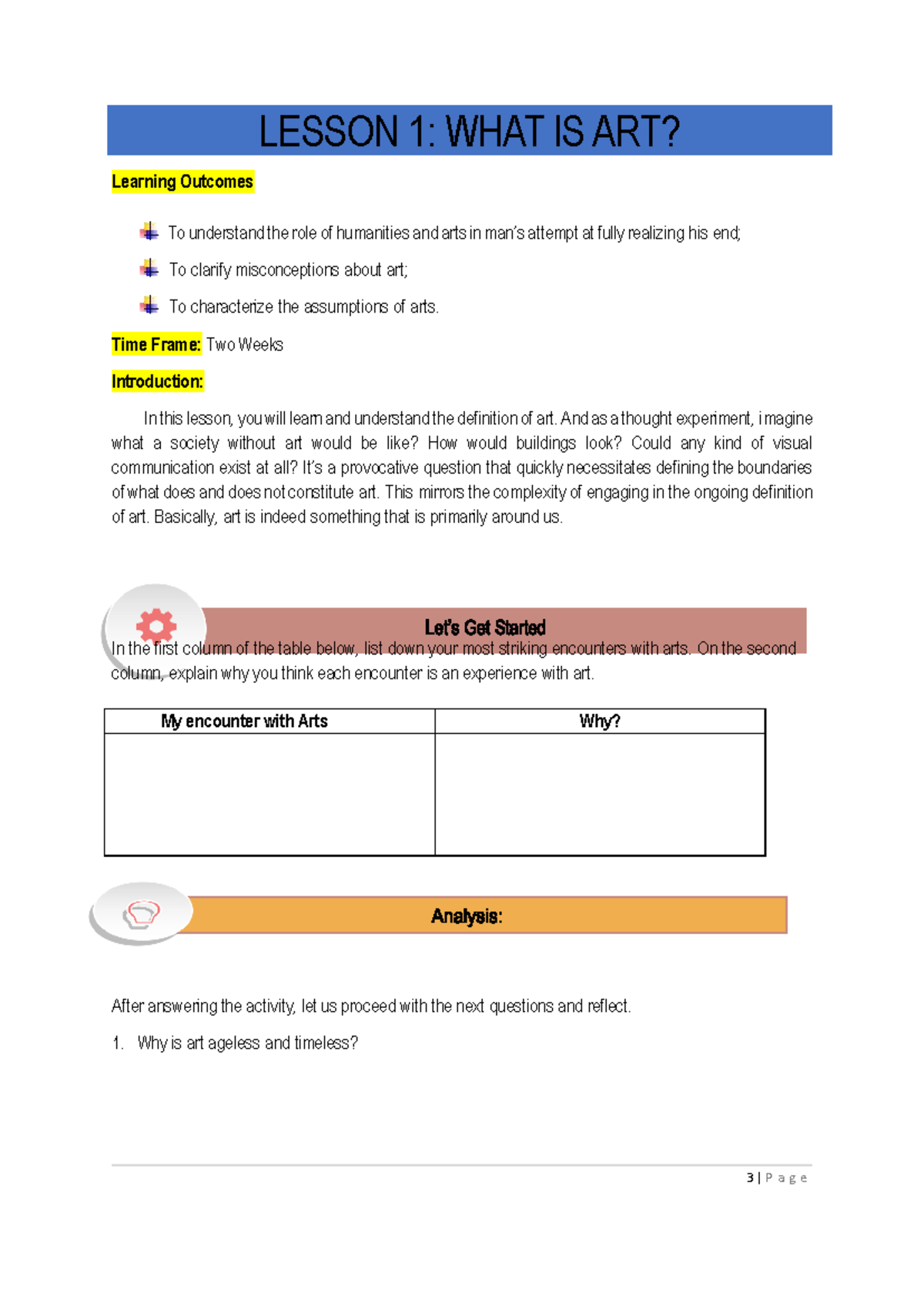 ART Apreciation Lesson 1 5 - LESSON 1: WHAT IS ART? Learning Outcomes ...