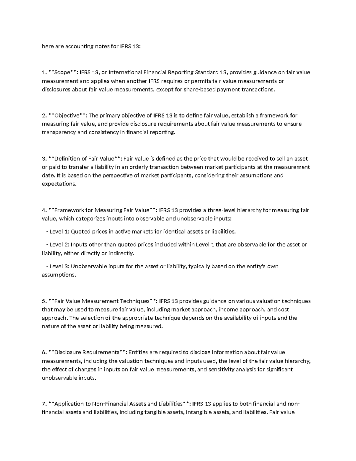 Accounting notes for IFRS 13 - Objective: The primary objective of IFRS ...