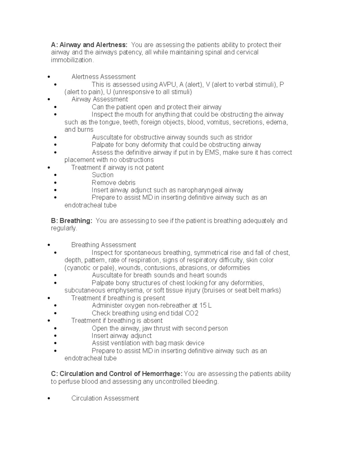 TNCC Assessment - A: Airway and Alertness: You are assessing the ...