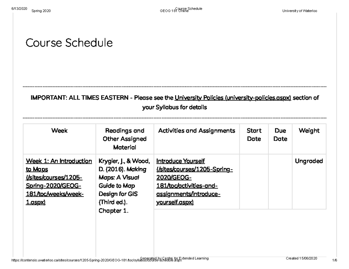 1205 GEOG 181 - dada - 6/13/2020 Course Schedule - Studocu