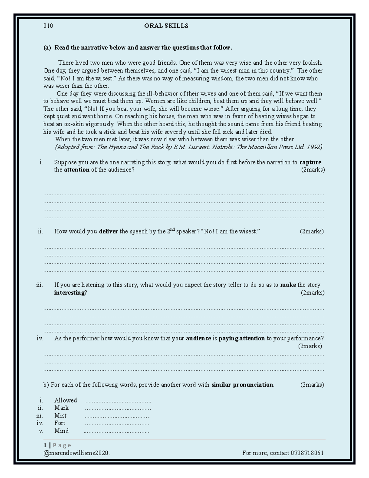 ORAL Skills 010 - Well developed lecture notes - (a) Read the narrative ...