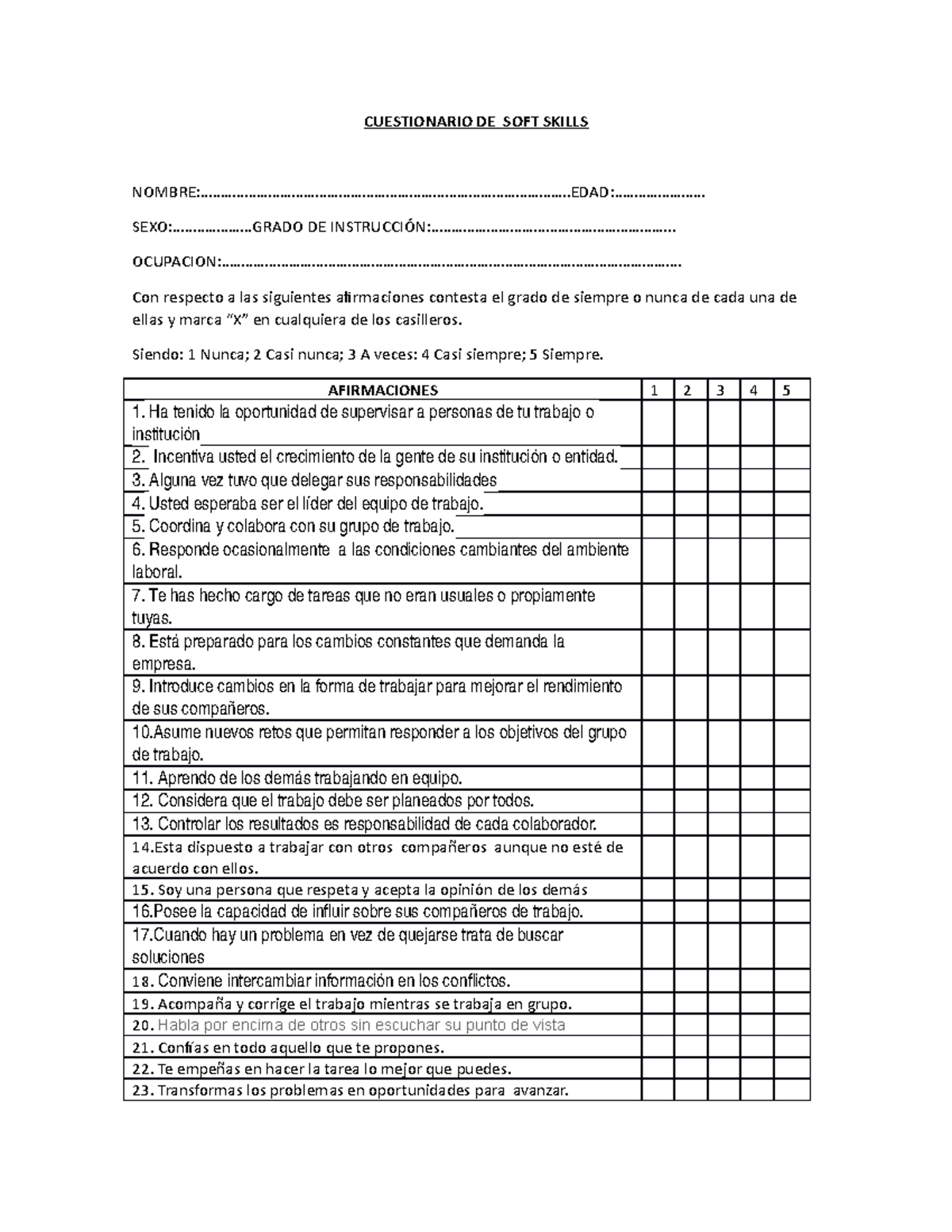 Plantilla del Cuestionario DE SOFT Skills - CUESTIONARIO DE SOFT SKILLS ...
