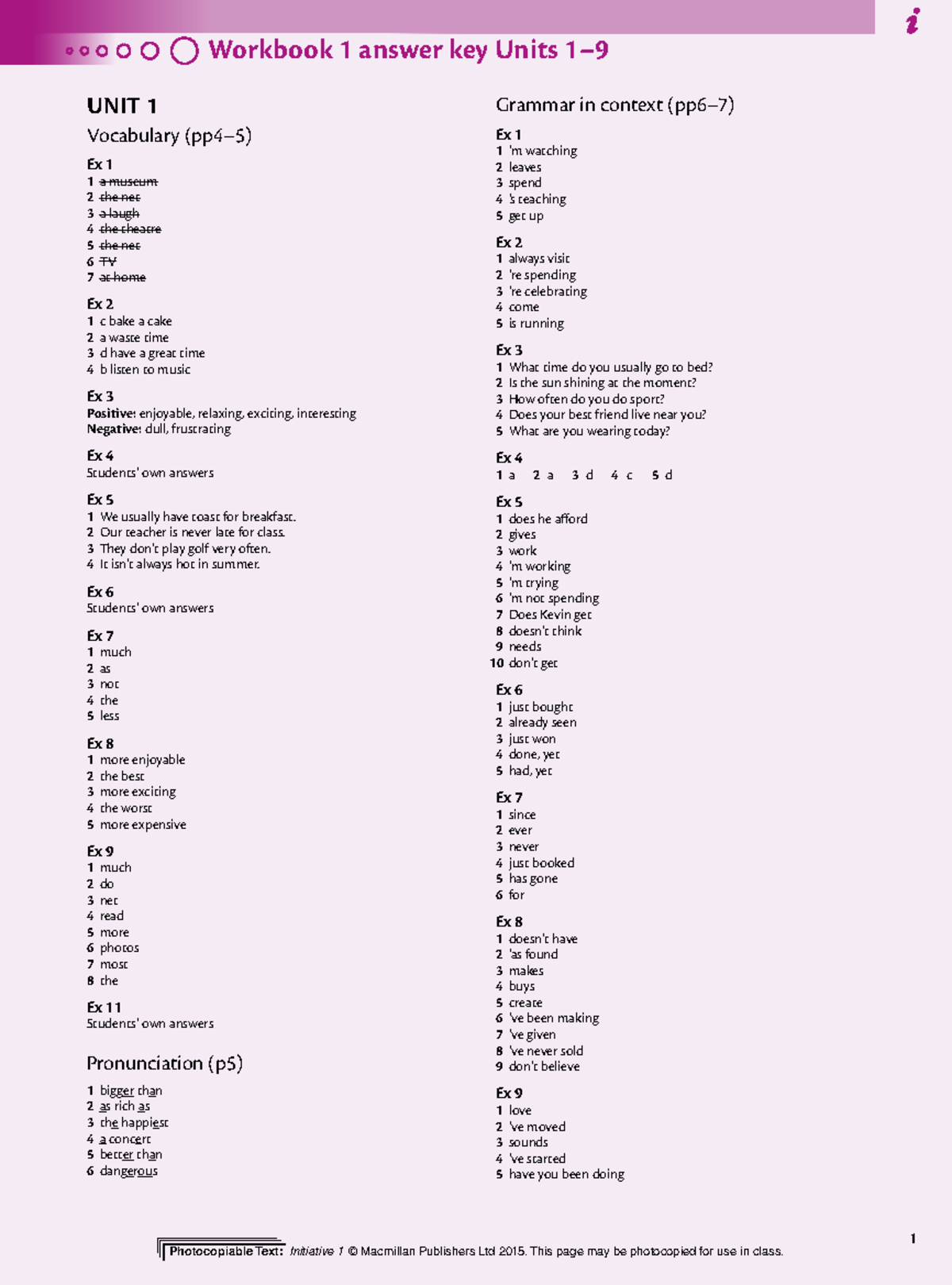 INIT WB1 units a k - solucionary - 1 UNIT 1 Vocabulary (pp4–5) Ex 1 ####### 1 a museum ####### 2 ...