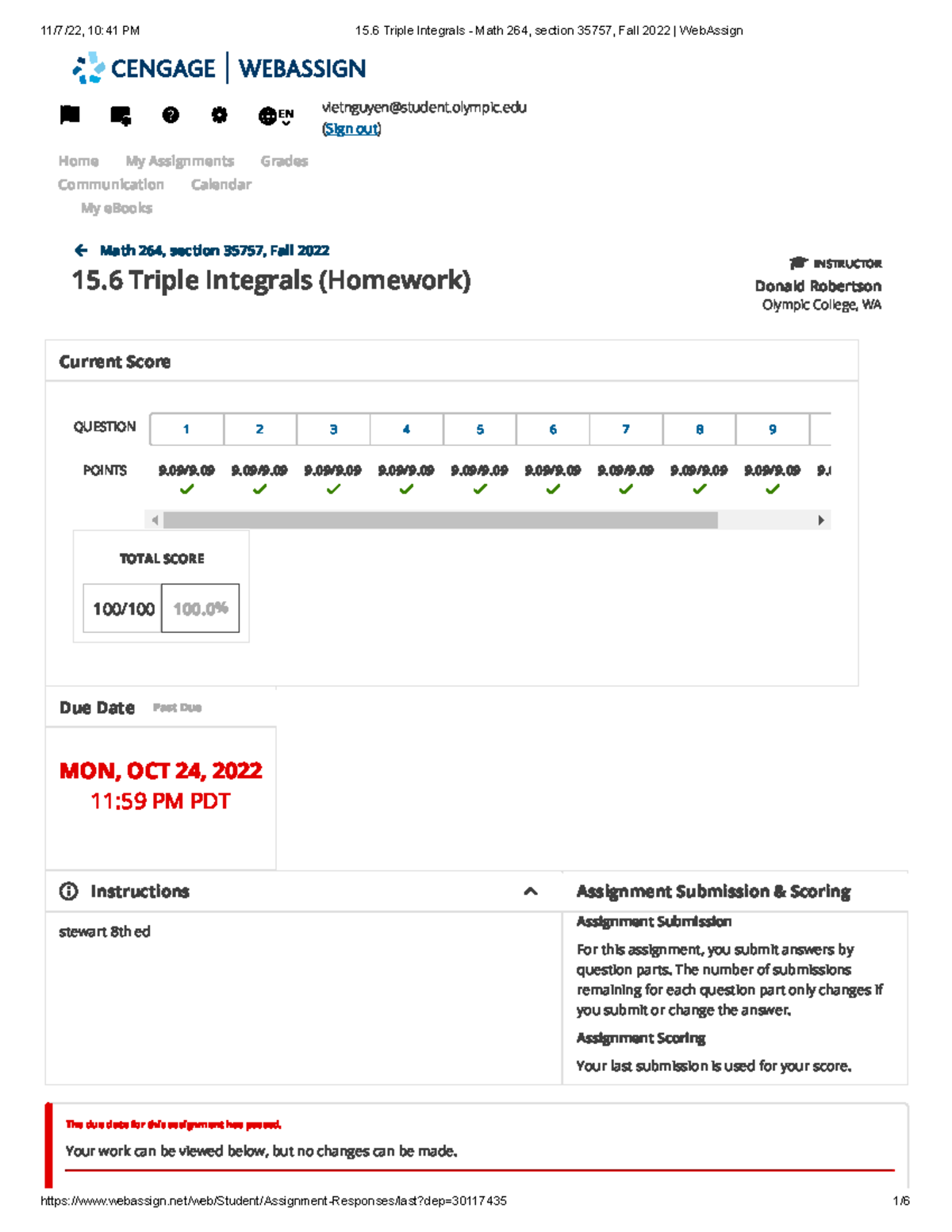 15.6 Triple Integrals - Math 264, section 35757, Fall 2022 Web Assign ...