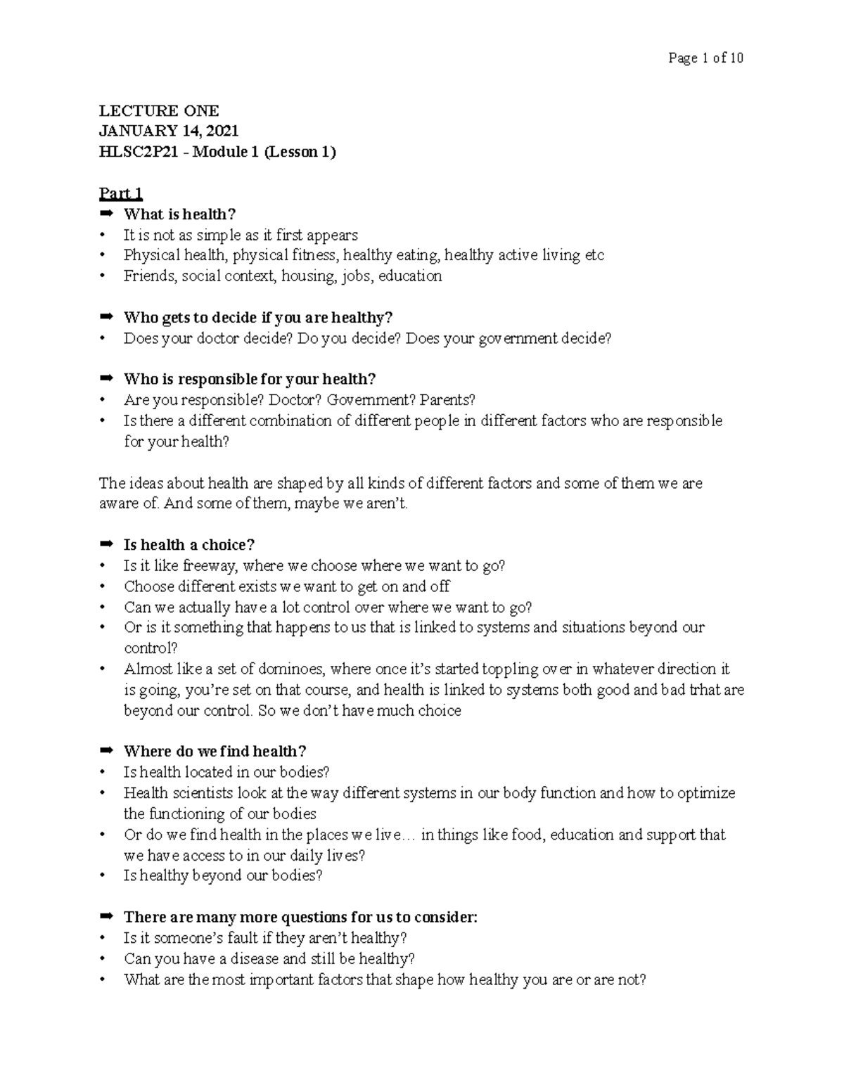 Lecture ONE - JAN 14, 2021 - LECTURE ONE JANUARY 14, 2021 HLSC2P21 ...
