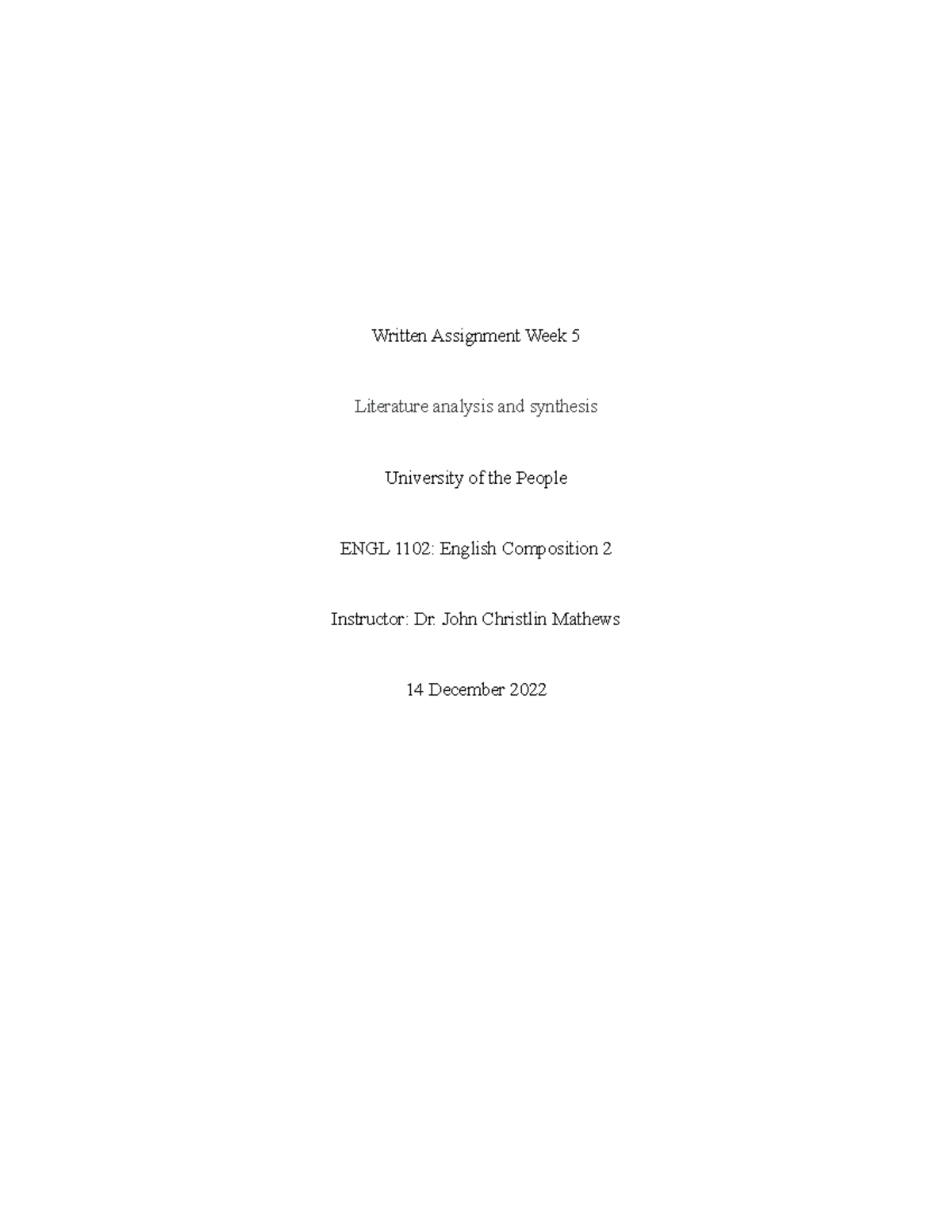 ENGL week 5 written assignment - Written Assignment Week 5 Literature ...