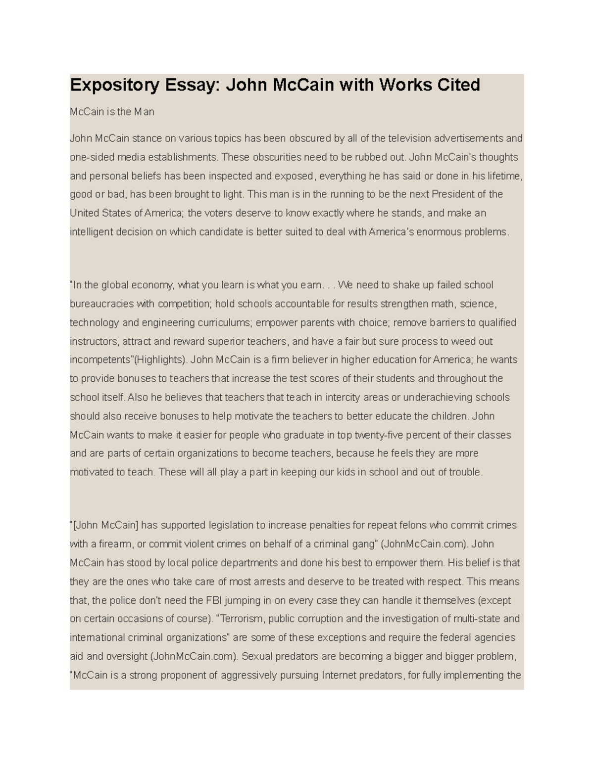 Expository Essay John Mc Cain - Expository Essay: John McCain with ...