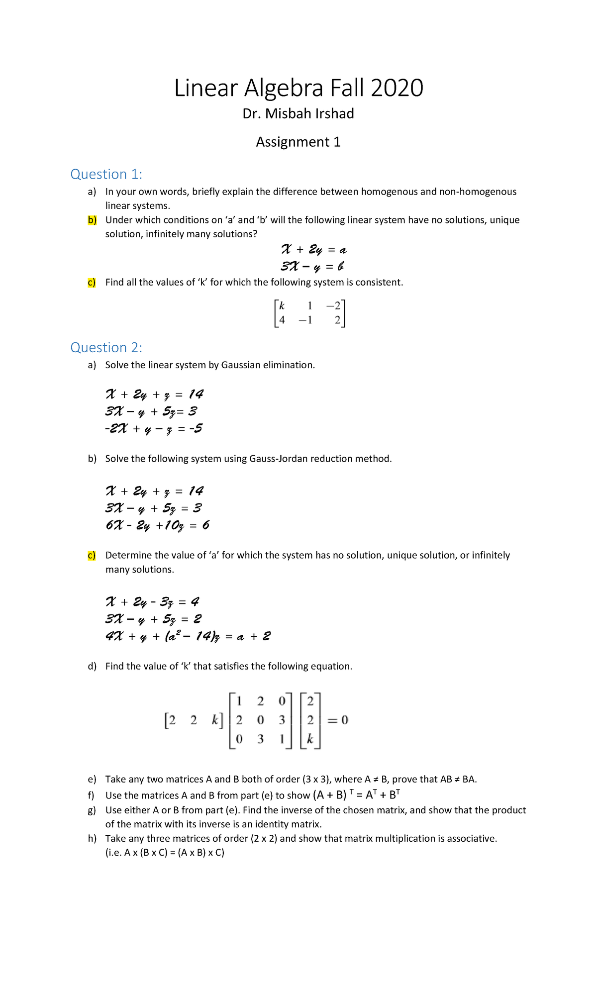 Assignment 1 - Linear Algebra A1 - Linear Algebra Fall 2020 Dr. Misbah ...