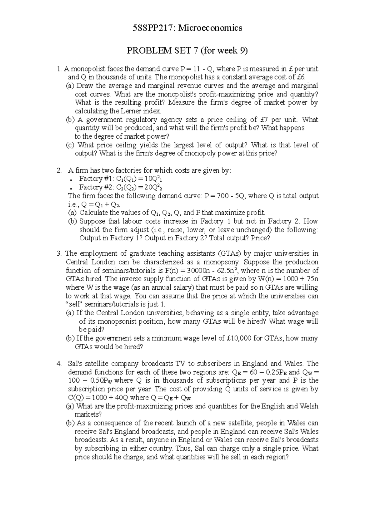 Problem set 7 22-23 - questions - 5SSPP217: Microeconomics PROBLEM SET 7 (for week 9) A ...