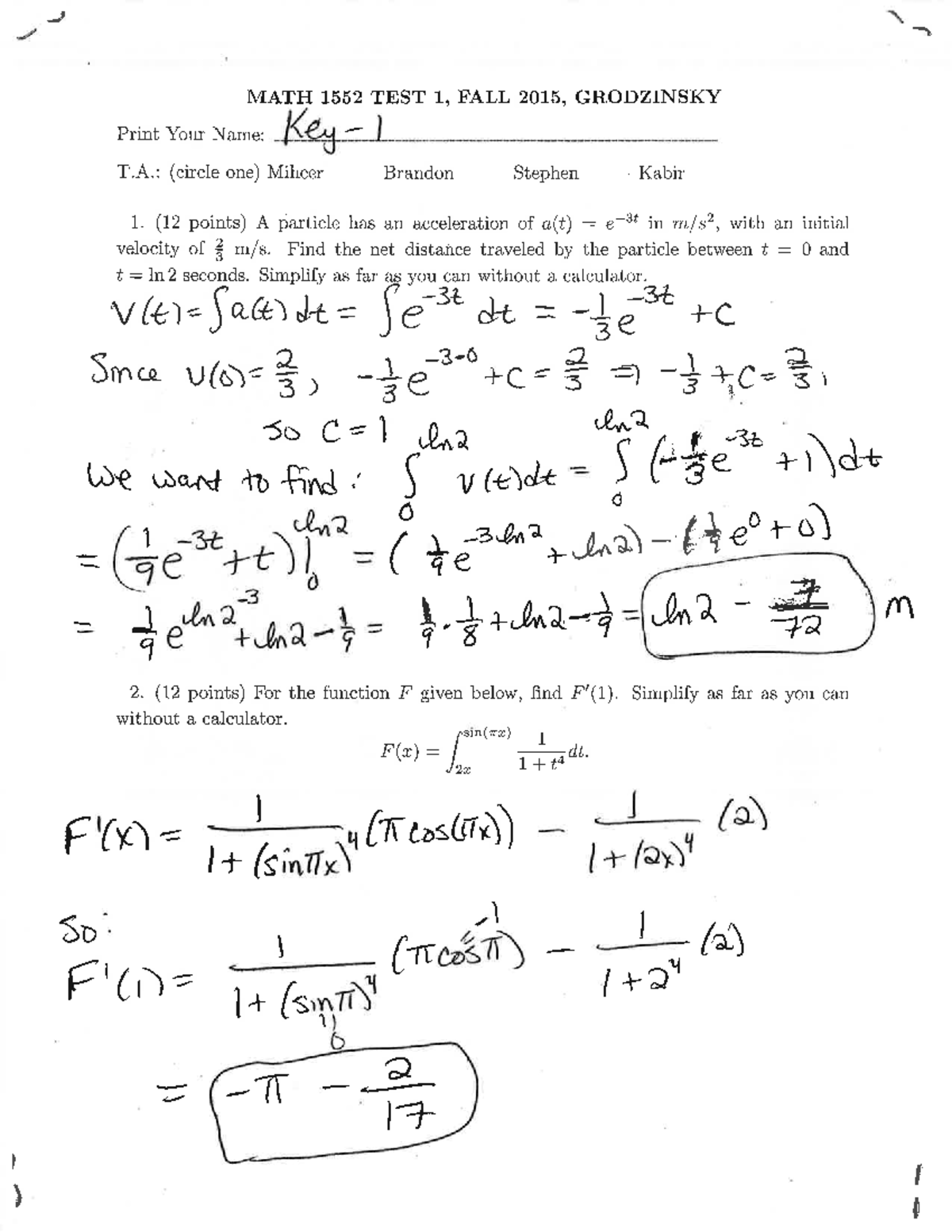 Test1 fa15 - Practice Exams - MATH1552 - Studocu