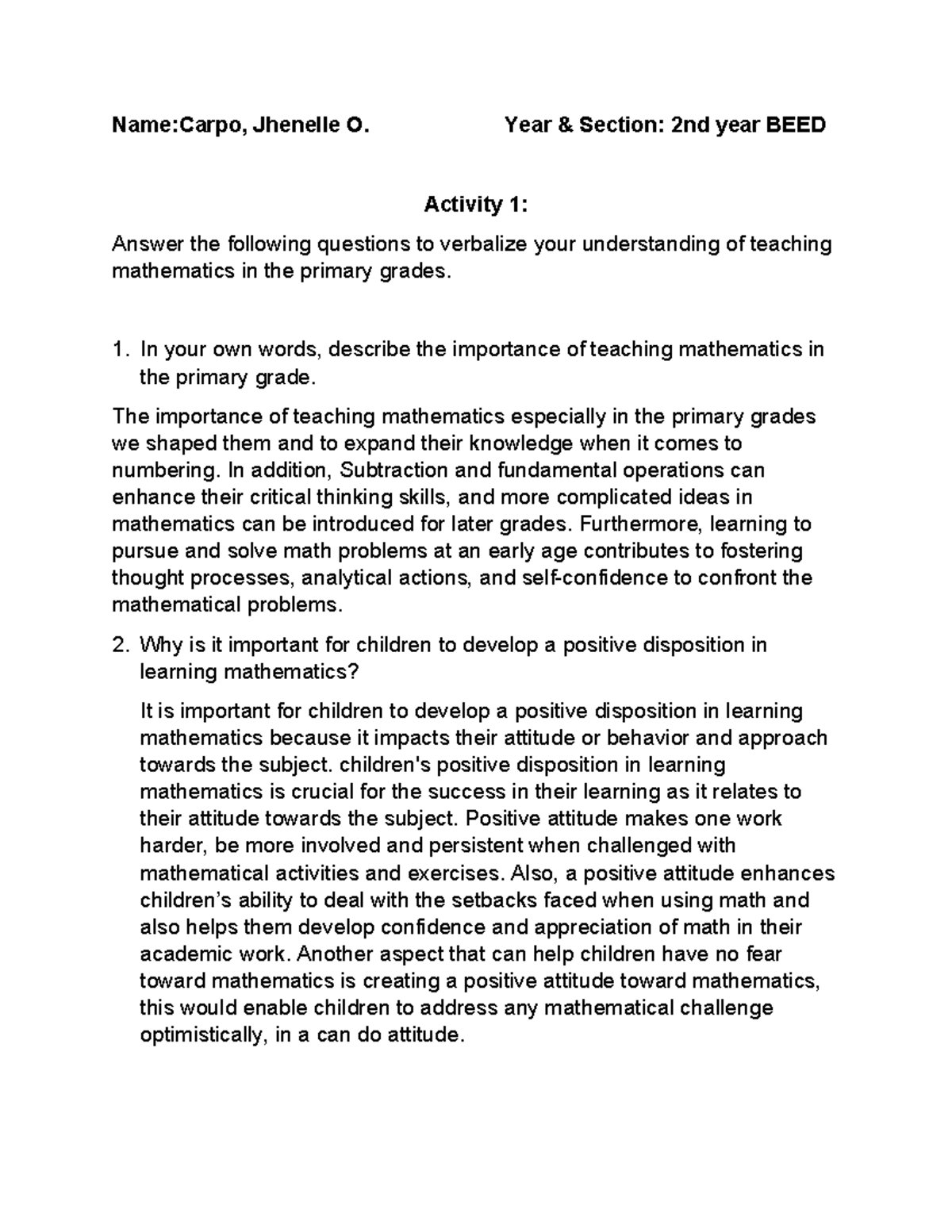 Activity 1 - mathematics secondary - Name:Carpo, Jhenelle O. Year ...