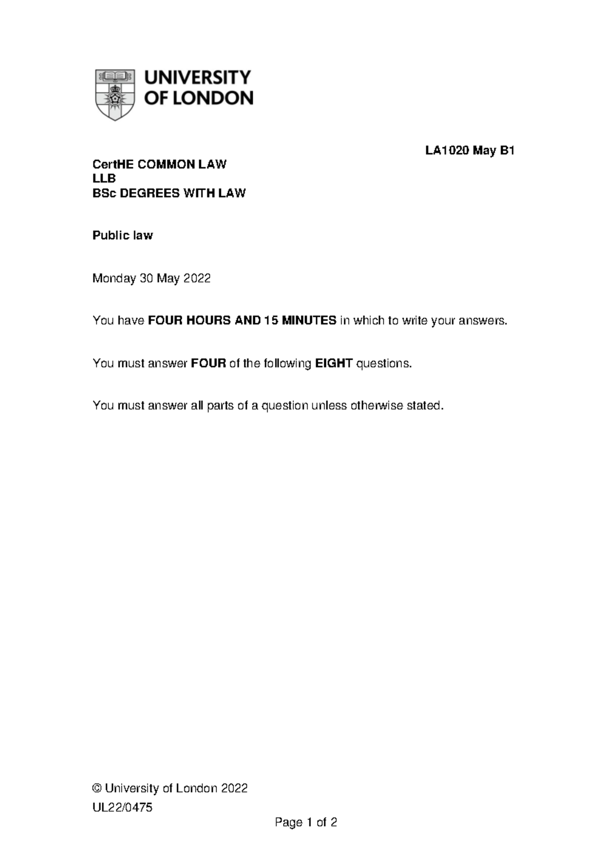 Public exam 2022 A - Past paper - Public Law - UL 22 / 0475 Page 1 of 2 ...
