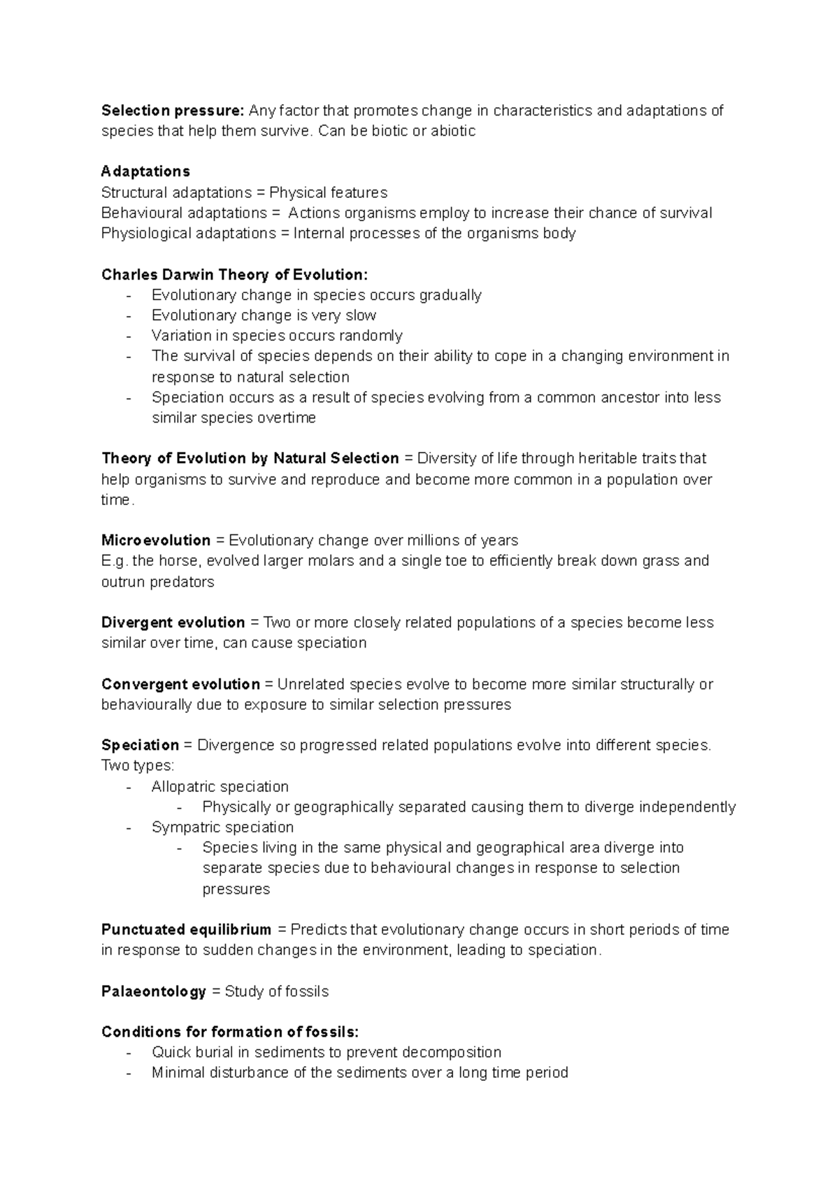 Module 3 - Mod 3 Notes - Selection pressure: Any factor that promotes ...