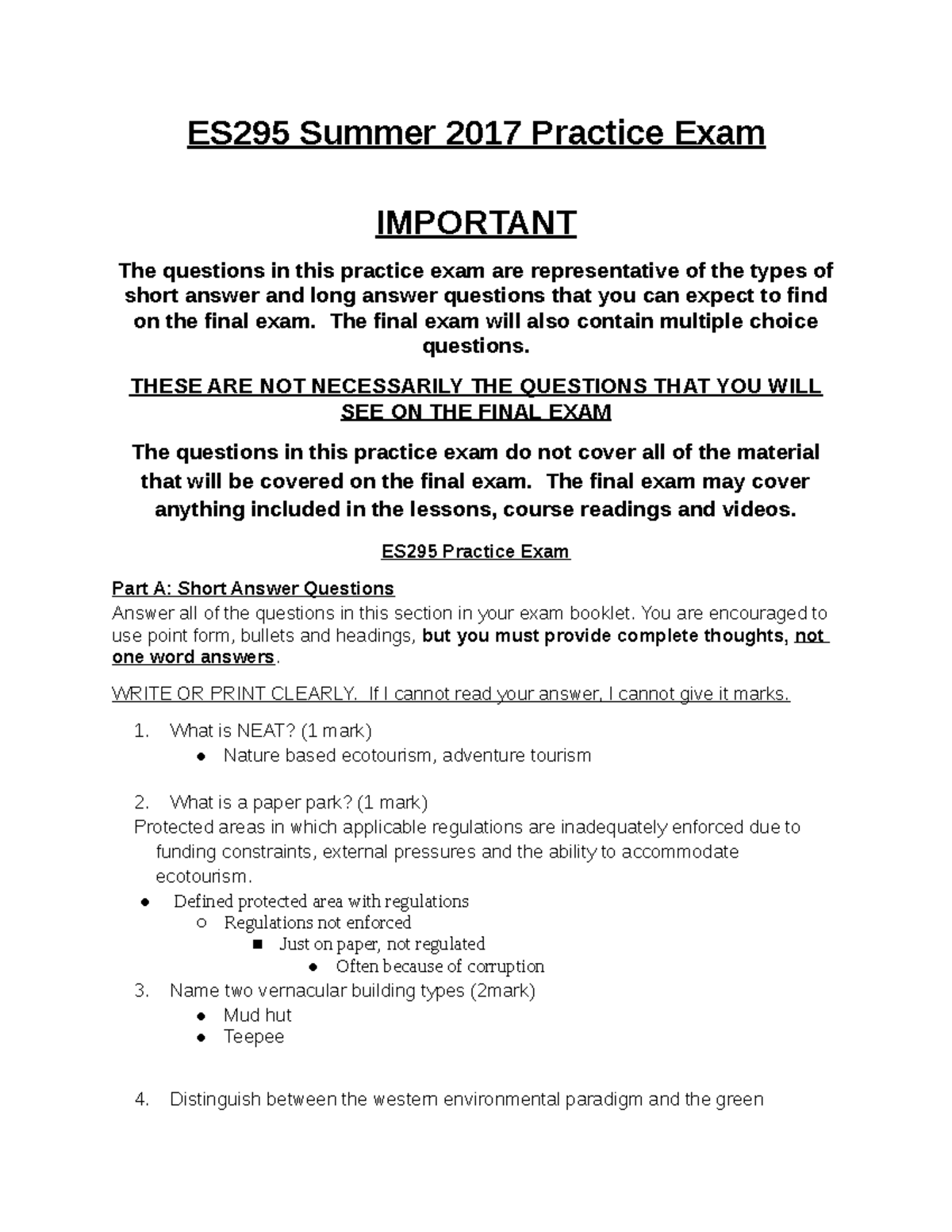 ES295 Exam Review - ES295 Summer 2017 Practice Exam IMPORTANT The ...