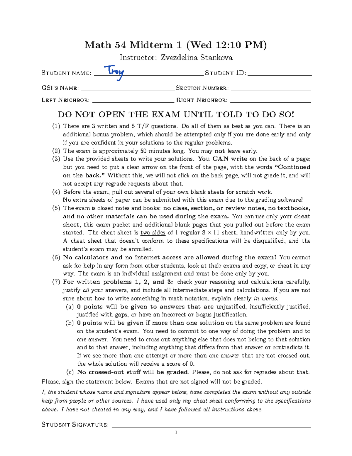 54F24 Practice Midterm 1 Exam Fall 2023 Annotated - Math 54 Midterm 1 (Wed 12:10 PM) Instructor ...