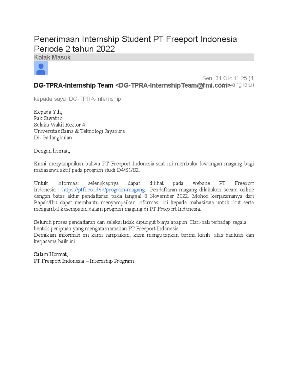 Penerimaan Internship Student PT Freeport Indonesia Periode 2 tahun ...