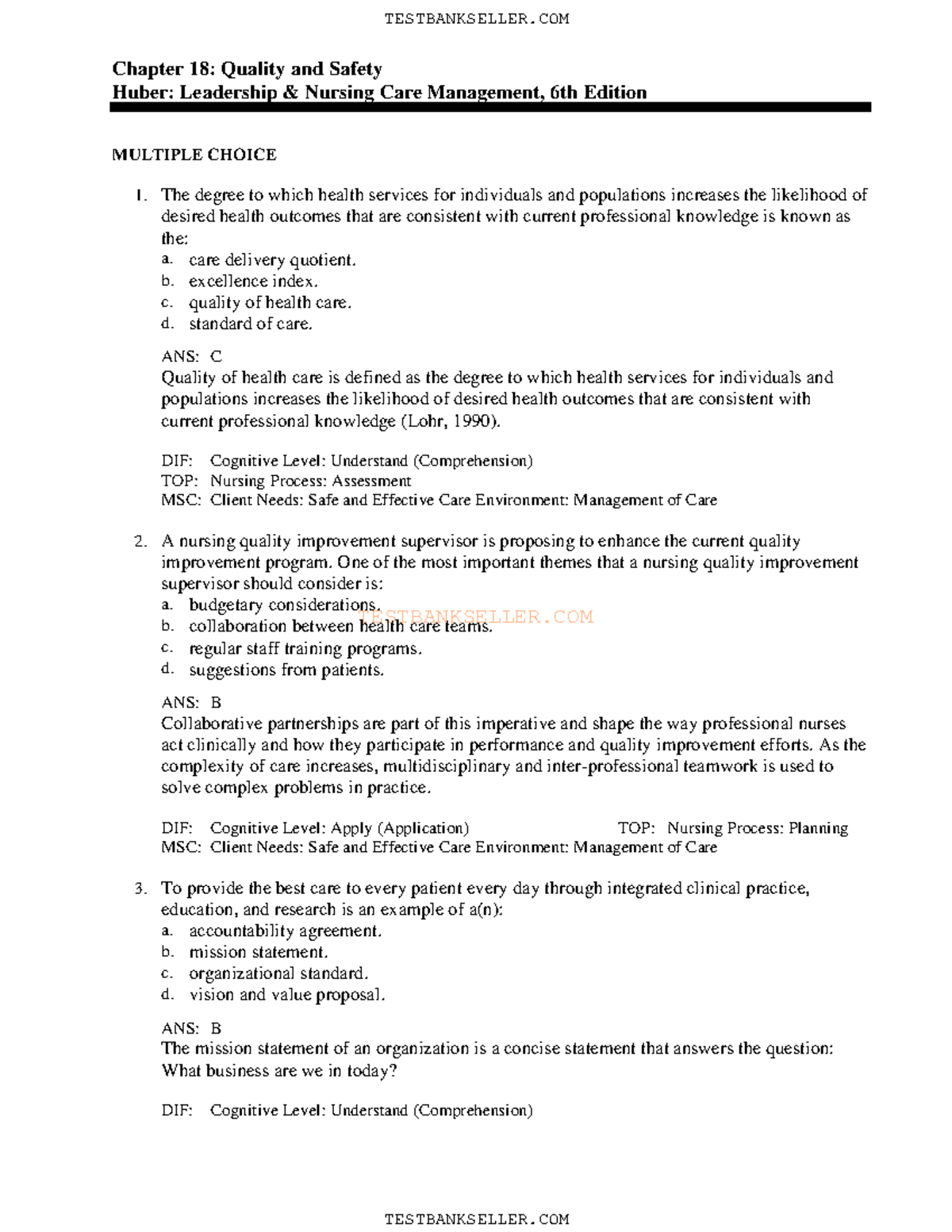 18 - Chapter 18 Practice Questions - Chapter 18: Quality and Safety Huber: Leadership & Nursing ...
