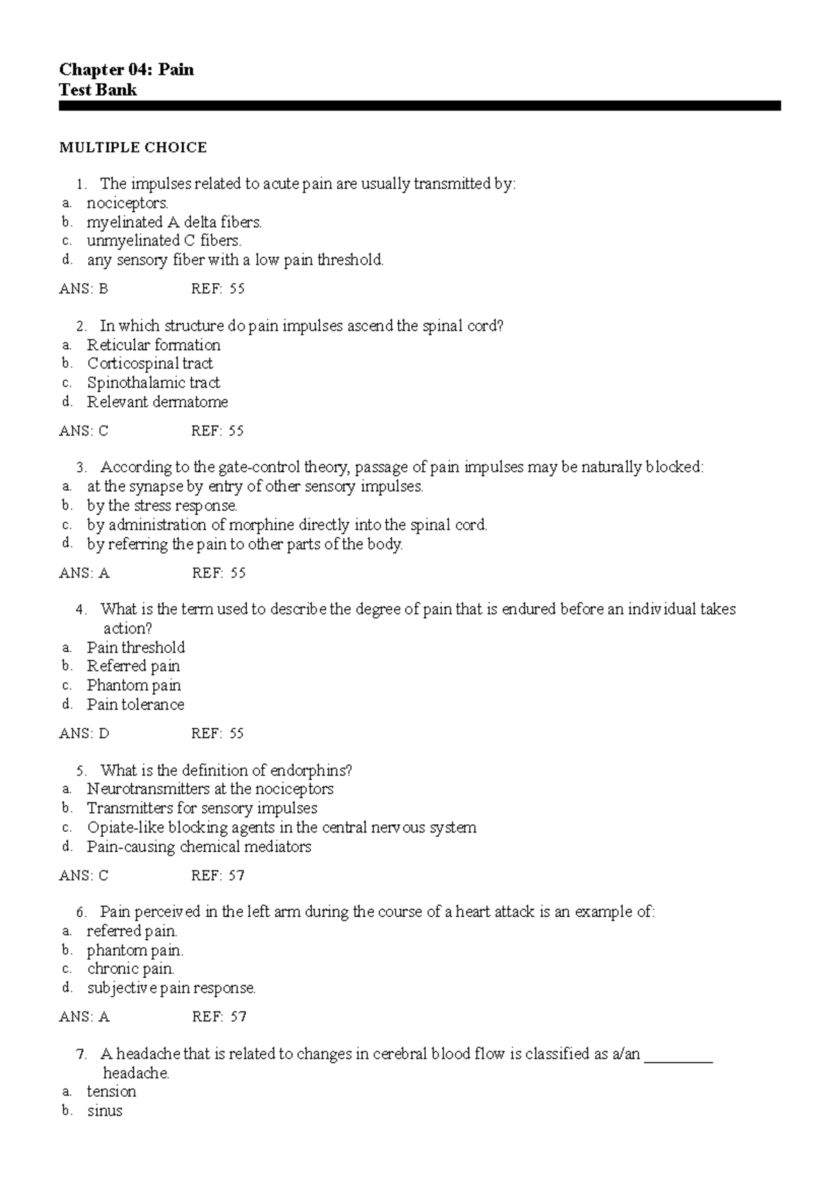 Pain multiple choice testbank to practice - 122 - Centennial College ...
