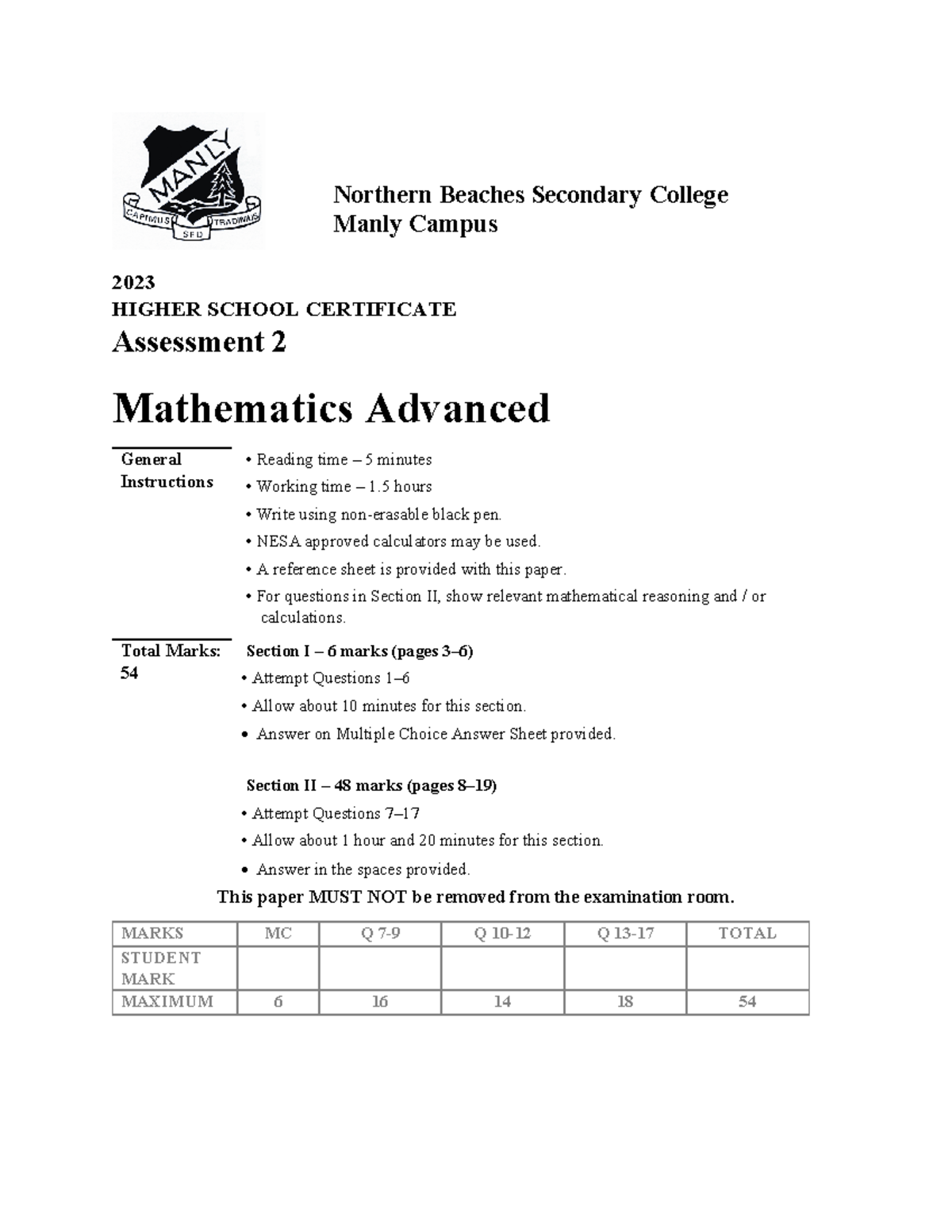 2023 Year 12 Mathematics Advanced Half Yearly + solutions - Northern ...