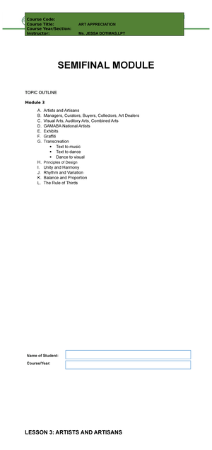 Prelim.module 2.-art-appreciation - Course Code: Course Title: Course Instructor: ART ...
