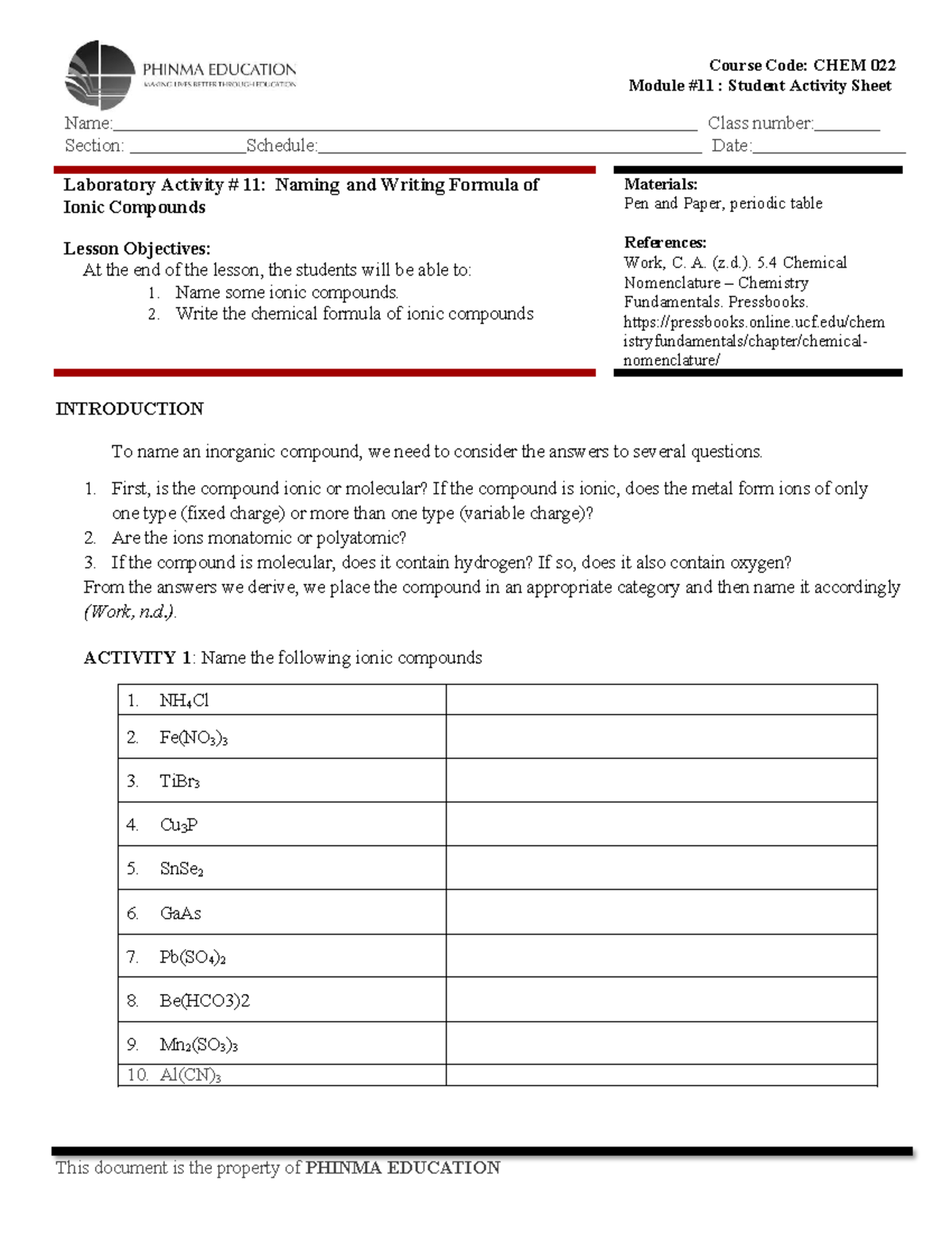 Laboratory #11 - Summary - Course Code: CHEM 022 Module #11 : Student ...