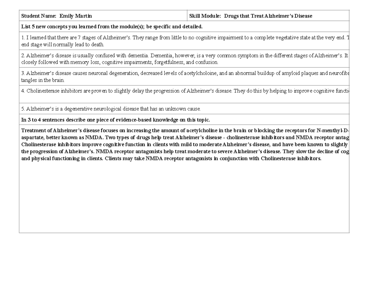 Drugs that Treat Alzheimer's Disease - Student Name: Emily Martin Skill ...