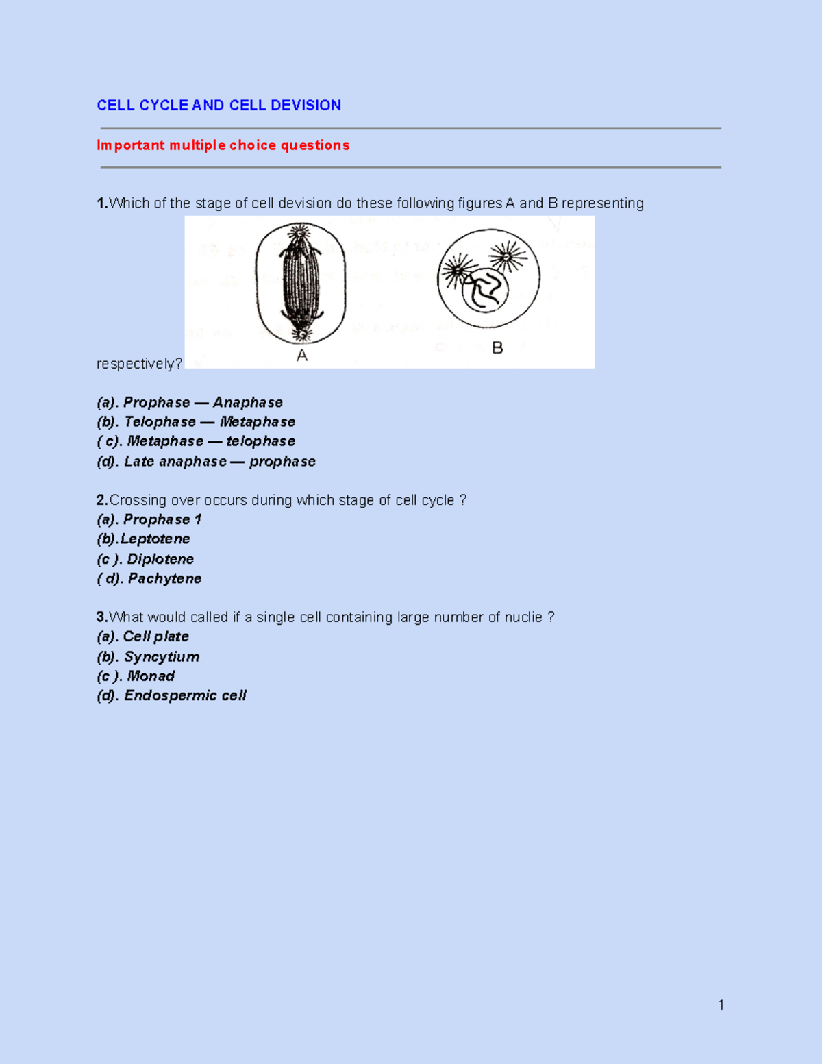 Cell cycle and cell devision practice set - CELL CYCLE AND CELL ...