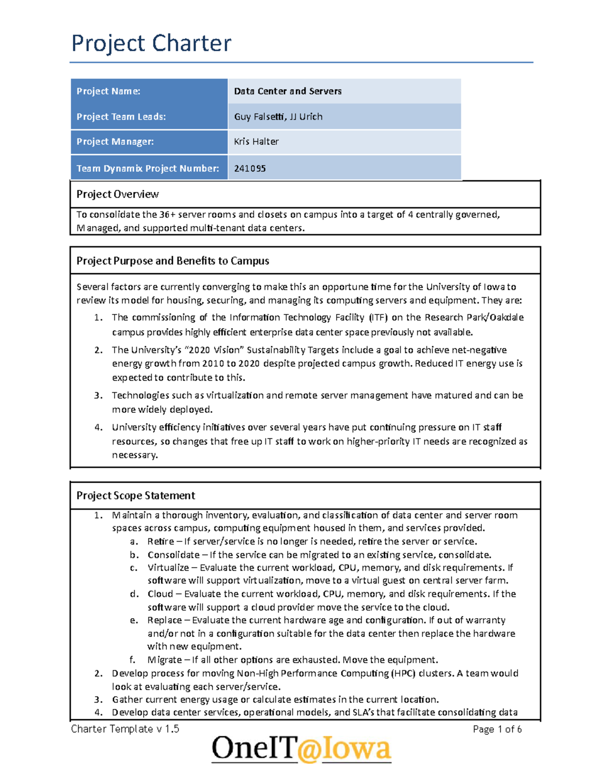 Project Charter Template 13 - Project Name: Data Center and Servers ...