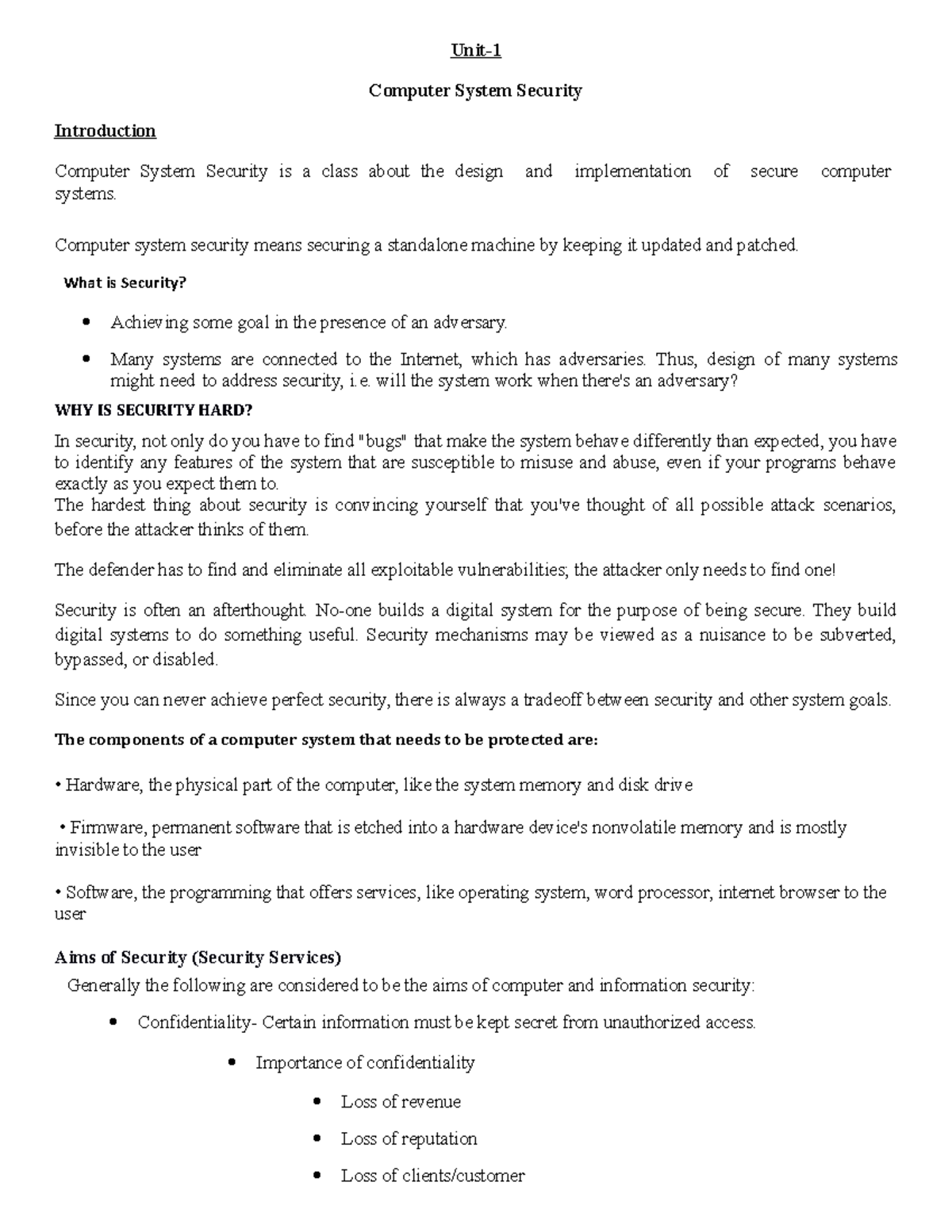Unit 1 - helpful - Unit- Computer System Security Introduction Computer System Security is a ...