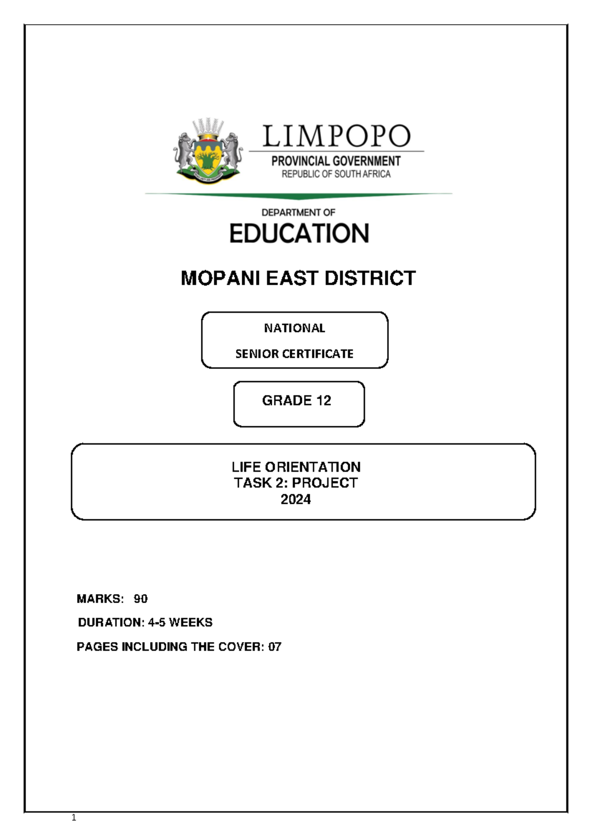 2024 GR 12 Project - Study - MOPANI EAST DISTRICT GRADE 12 LIFE ORIENTATION TASK 2: PROJECT 2024 ...