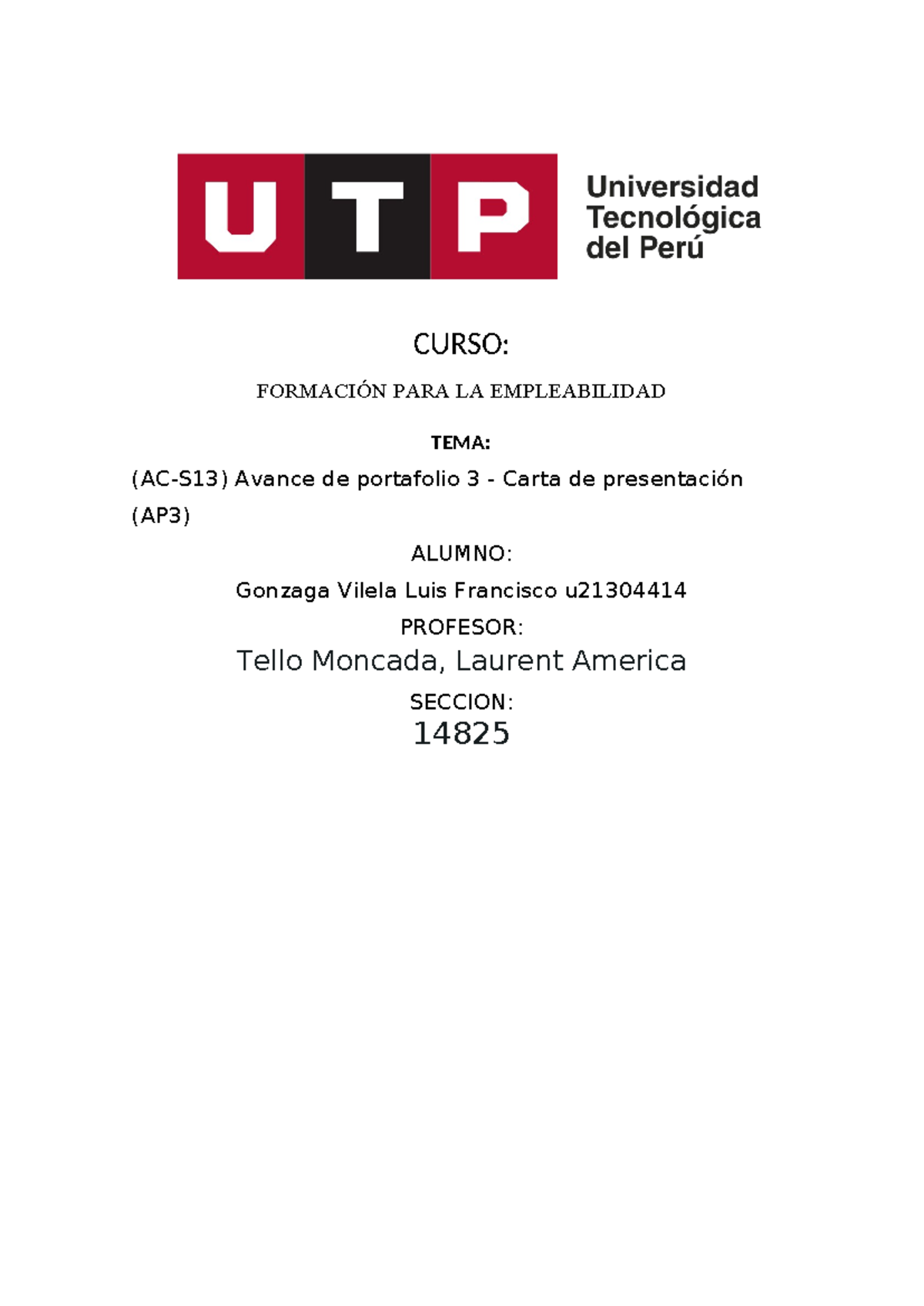 (AC-S13) Avance de portafolio 3 - Carta de presentación (AP3) - CURSO ...