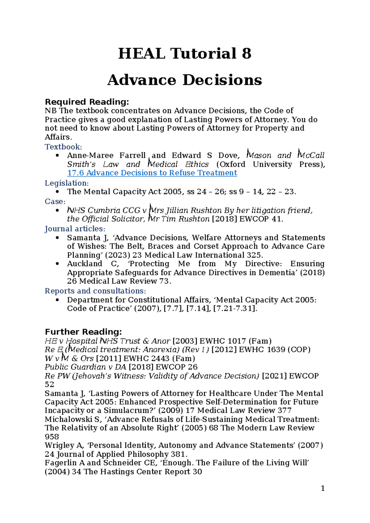HEAL Tutorial 8 Advance Decisions Reading and Questions - HEAL Tutorial ...
