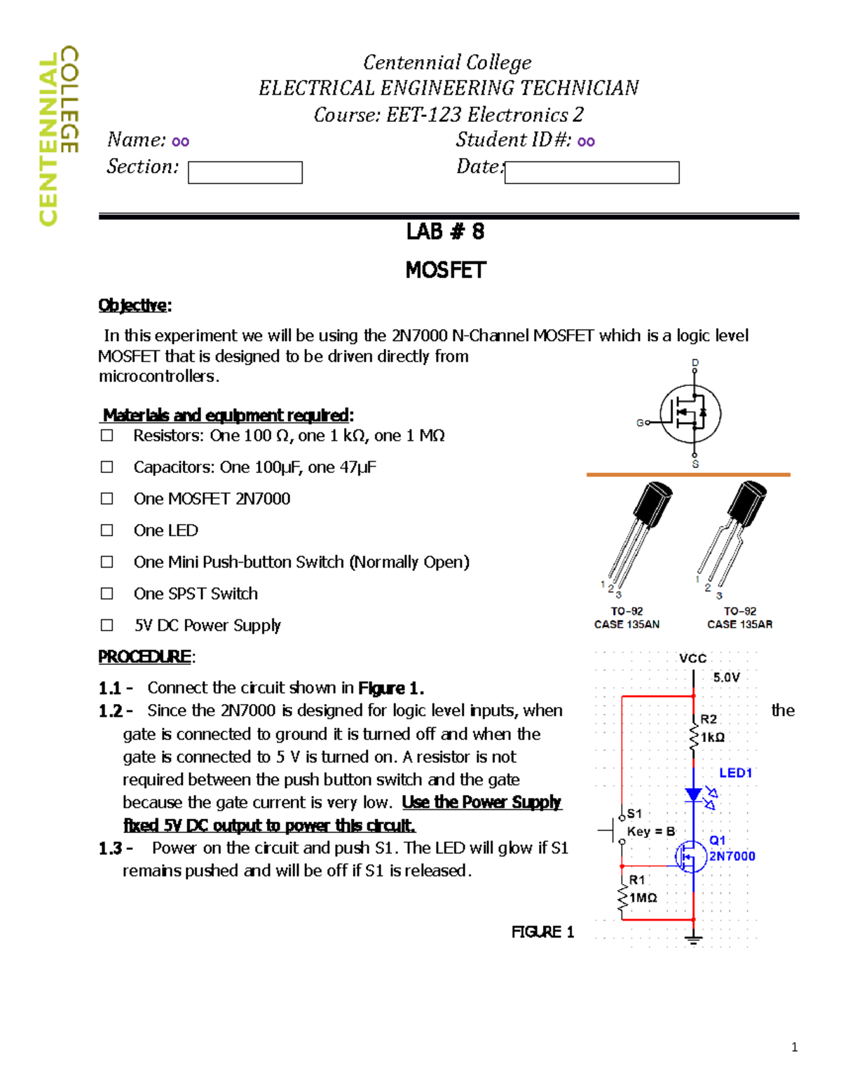 EET123 LAB 8- Mosfet- F21- Rev1 - Centennial College ELECTRICAL ENGINEERING TECHNICIAN Course ...
