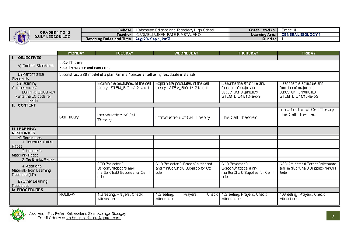WEEK 1 - DLL WEEK 1 BIOLOGY 1 - GRADES 1 TO 12 DAILY LESSON LOG School ...
