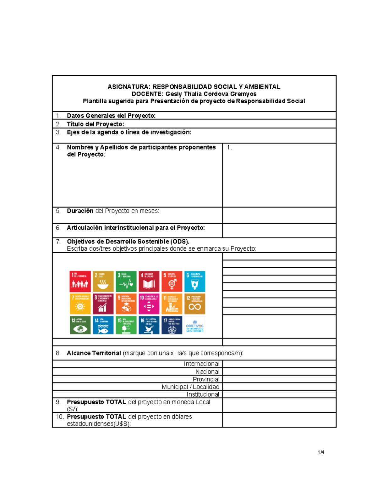 Plantilla Tecnica Proyecto de Responsabilidad Social 00 - ASIGNATURA: RESPONSABILIDAD SOCIAL Y ...