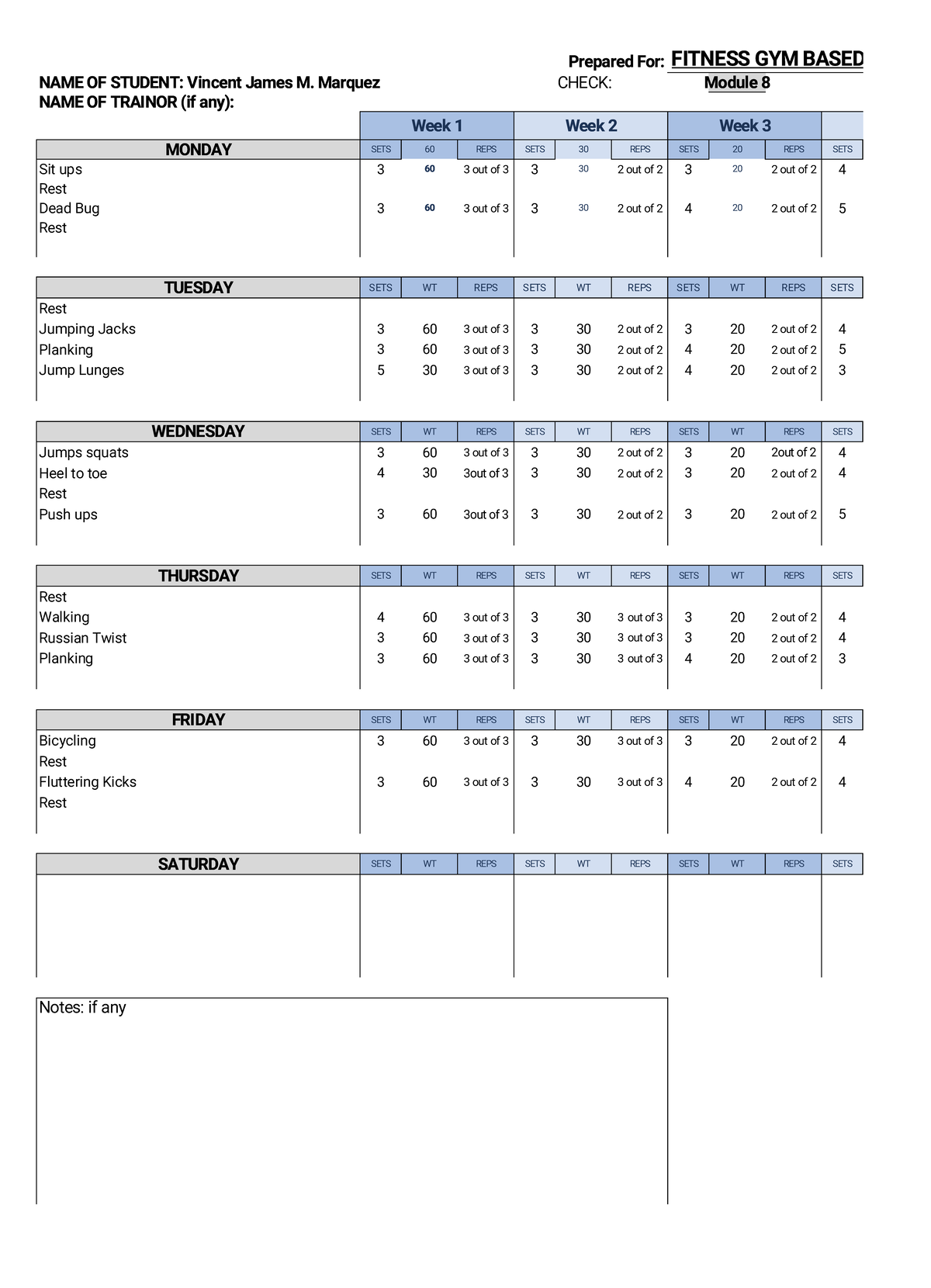 Module 8- Exercise Program Design - Prepared For: FITNESS GYM BASED ...