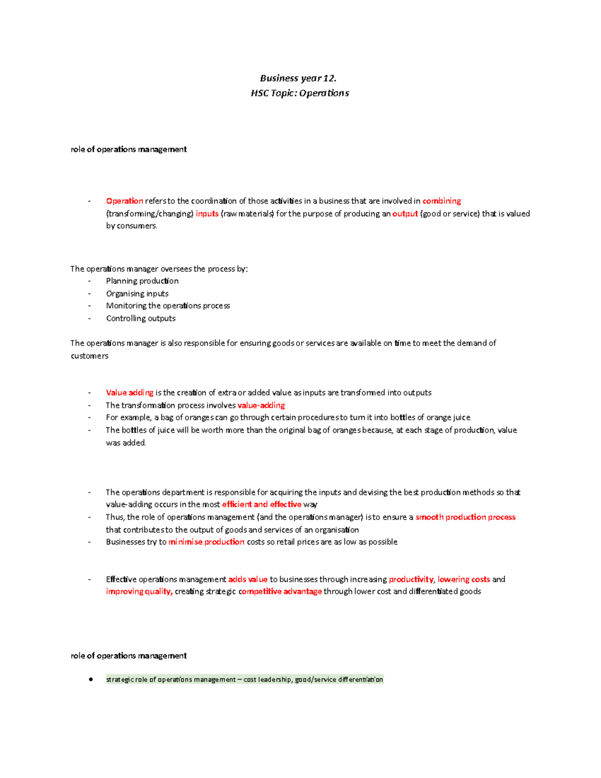 Operations Notes - Business studies lol - Business year 12. HSC Topic ...