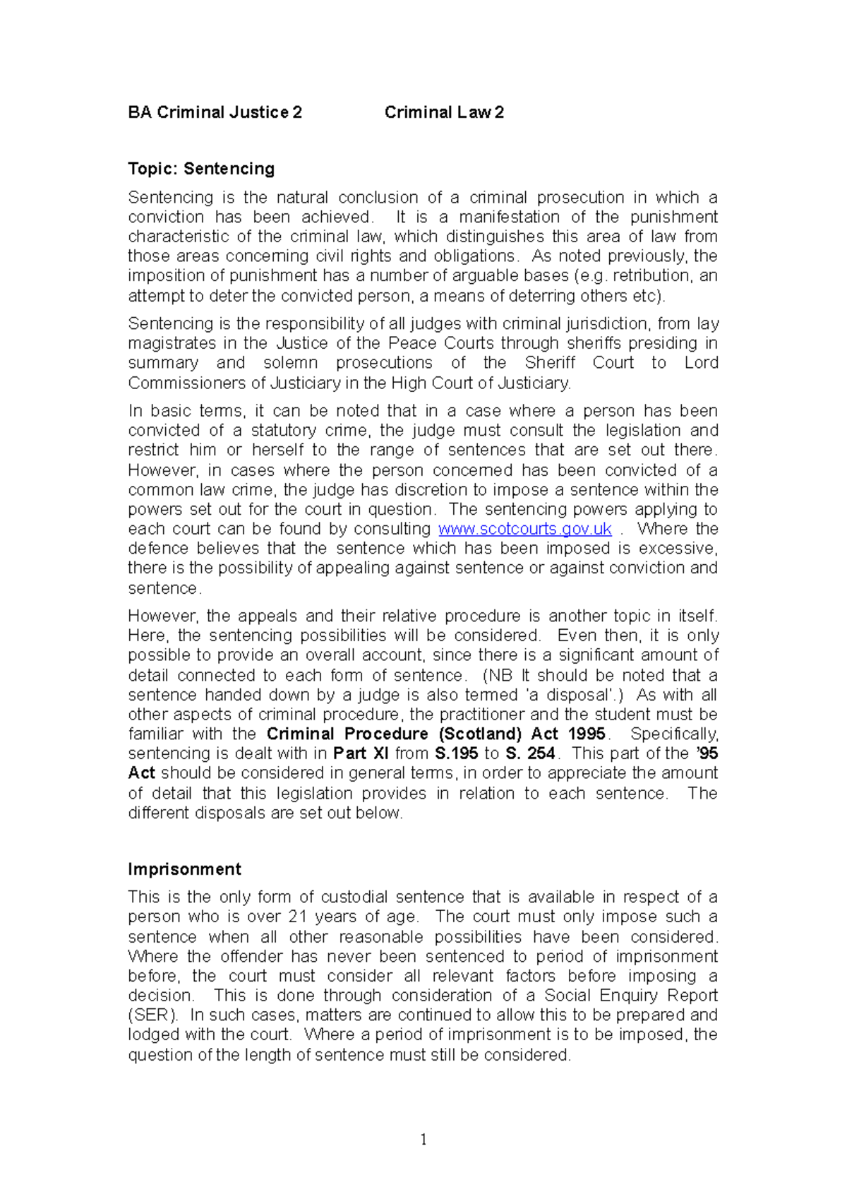 Sentencing Handout - BA Criminal Justice 2 Criminal Law 2 Topic ...