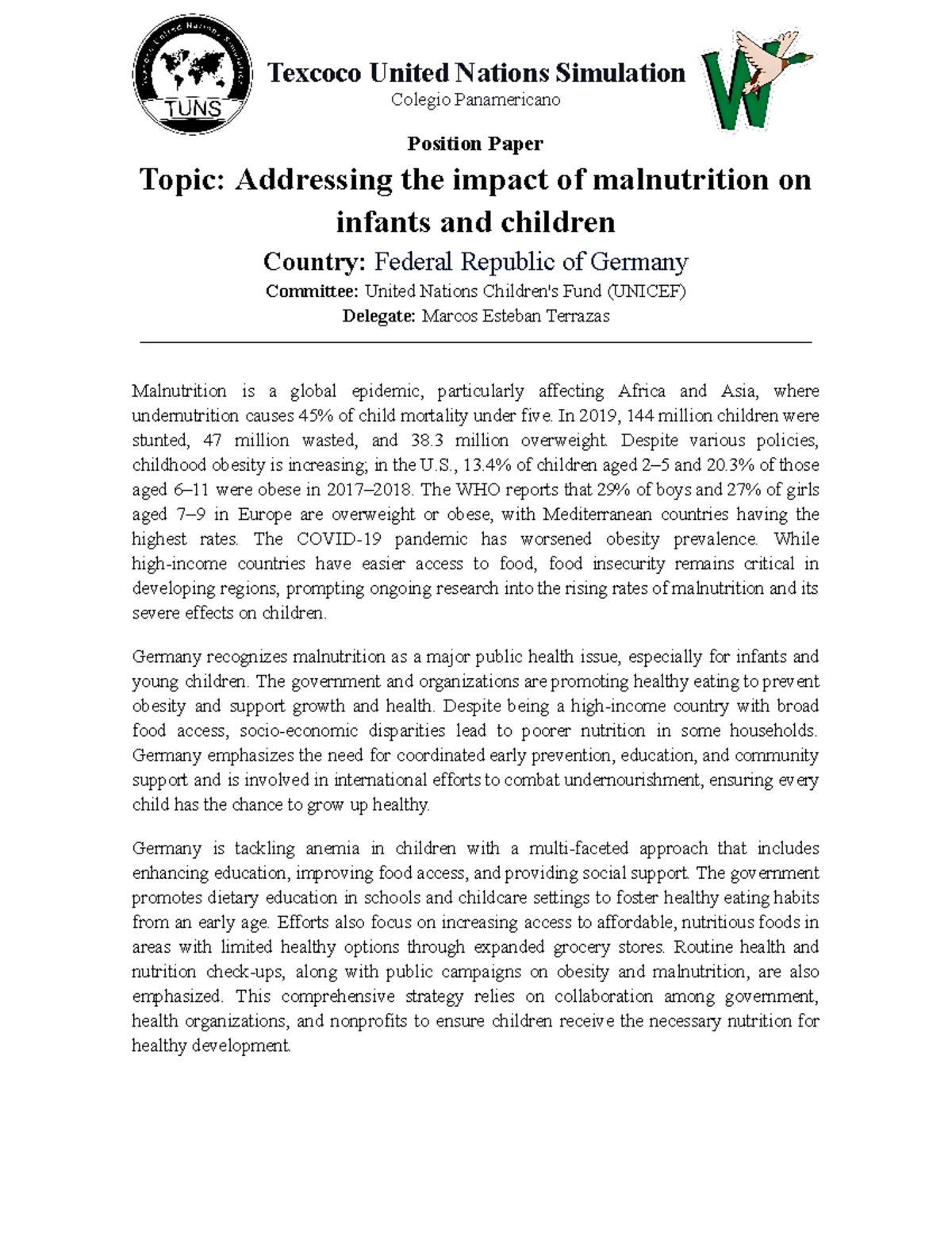 Marcos´ Position Paper - Texcoco United Nations Simulation Colegio ...