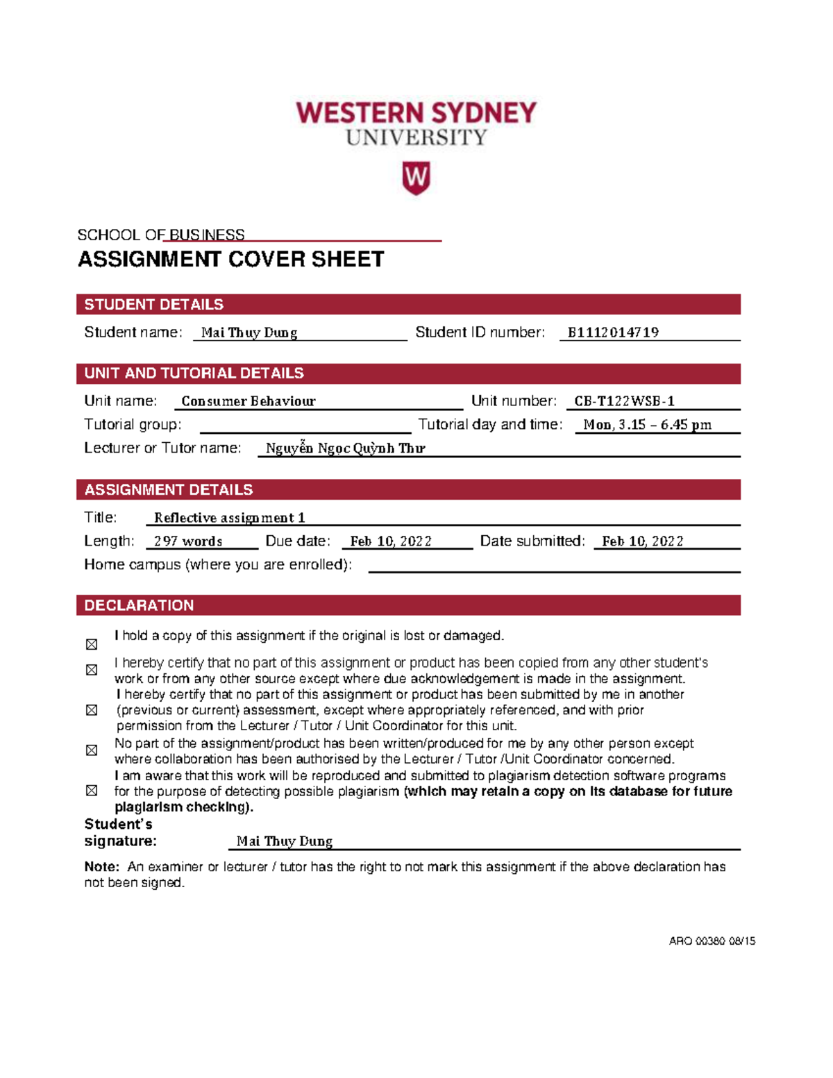 CB-1 Mai Thuy Dung Reflective 1 - SCHOOL OF BUSINESS ASSIGNMENT COVER ...