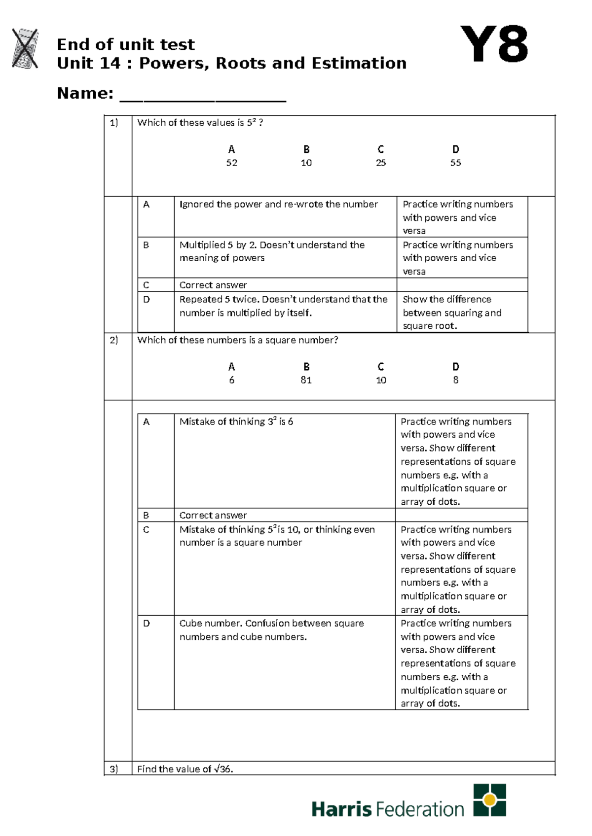 Year 8 Unit 14 Powers, Roots & Estimation TEST MS - Unit 14 : Powers ...