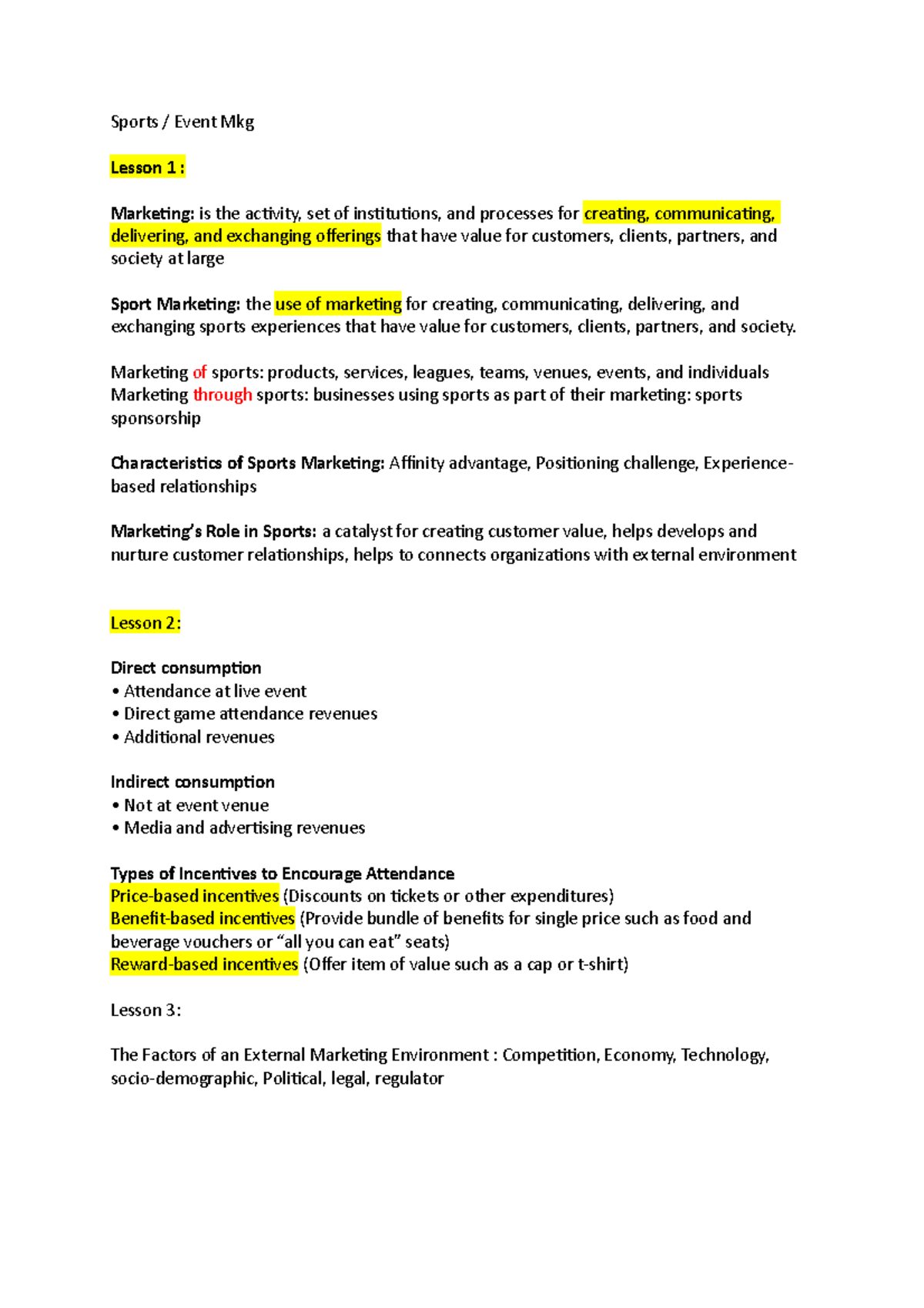 Sports:event - notes de cours - Sports / Event Mkg Lesson 1 : Marketing ...