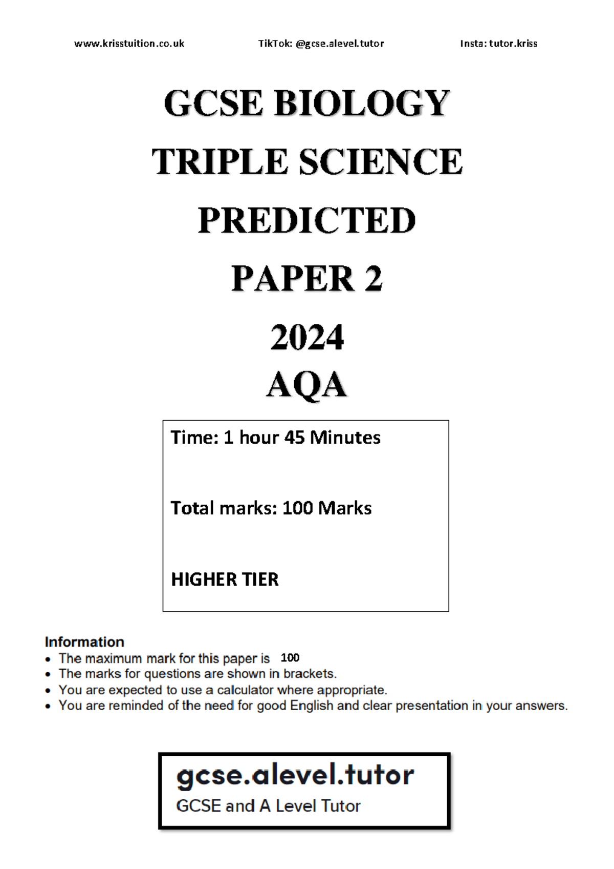 Biology AQA Triple Science 2 (H) 2024 Predicted - GCSE BIOLOGY TRIPLE ...