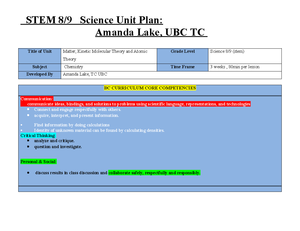 -A1Unit Plan Kinetic Mol Theory - STEM 8/9 Science Unit Plan: Amanda ...