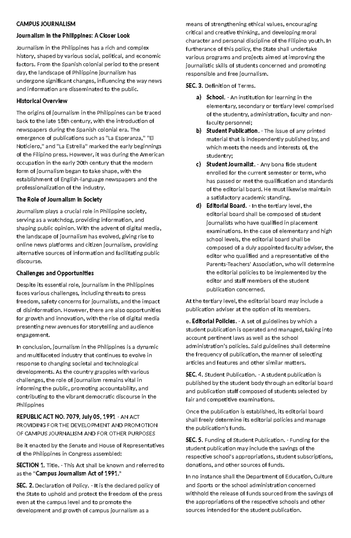 Campus Journalism Reviewer - CAMPUS JOURNALISM Journalism in the ...