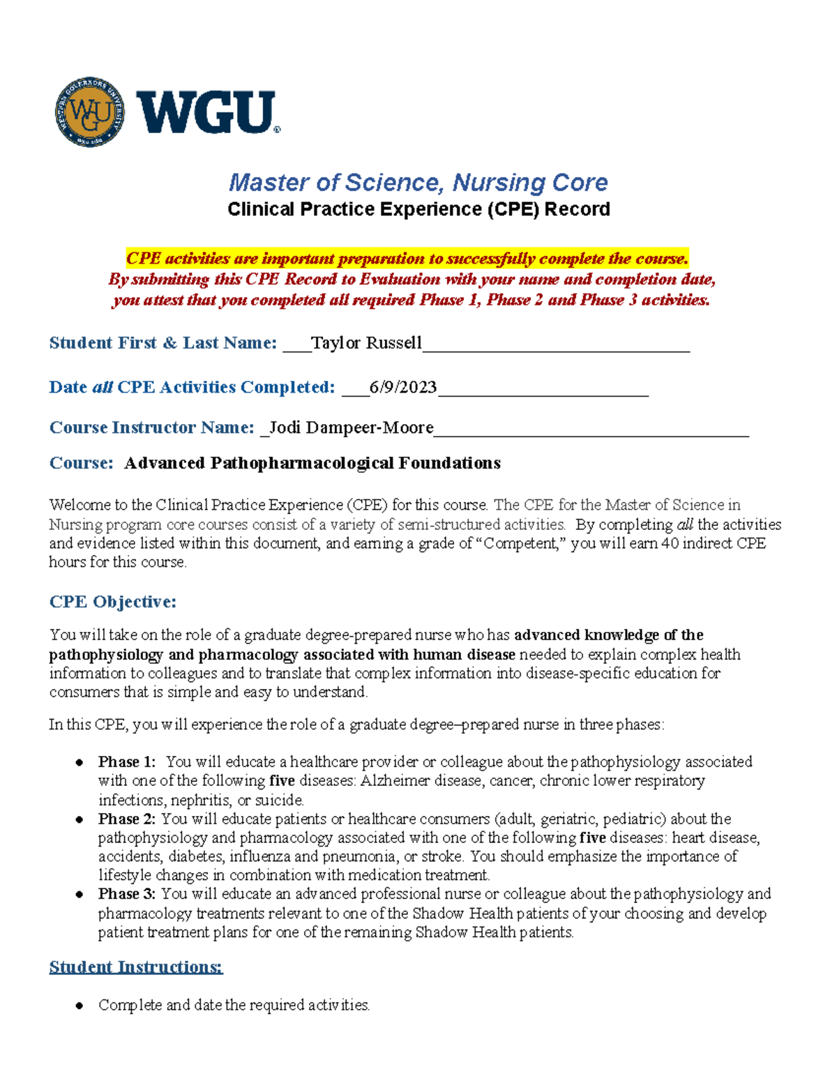 D027 CPE - cpe - Master of Science, Nursing Core Clinical Practice ...