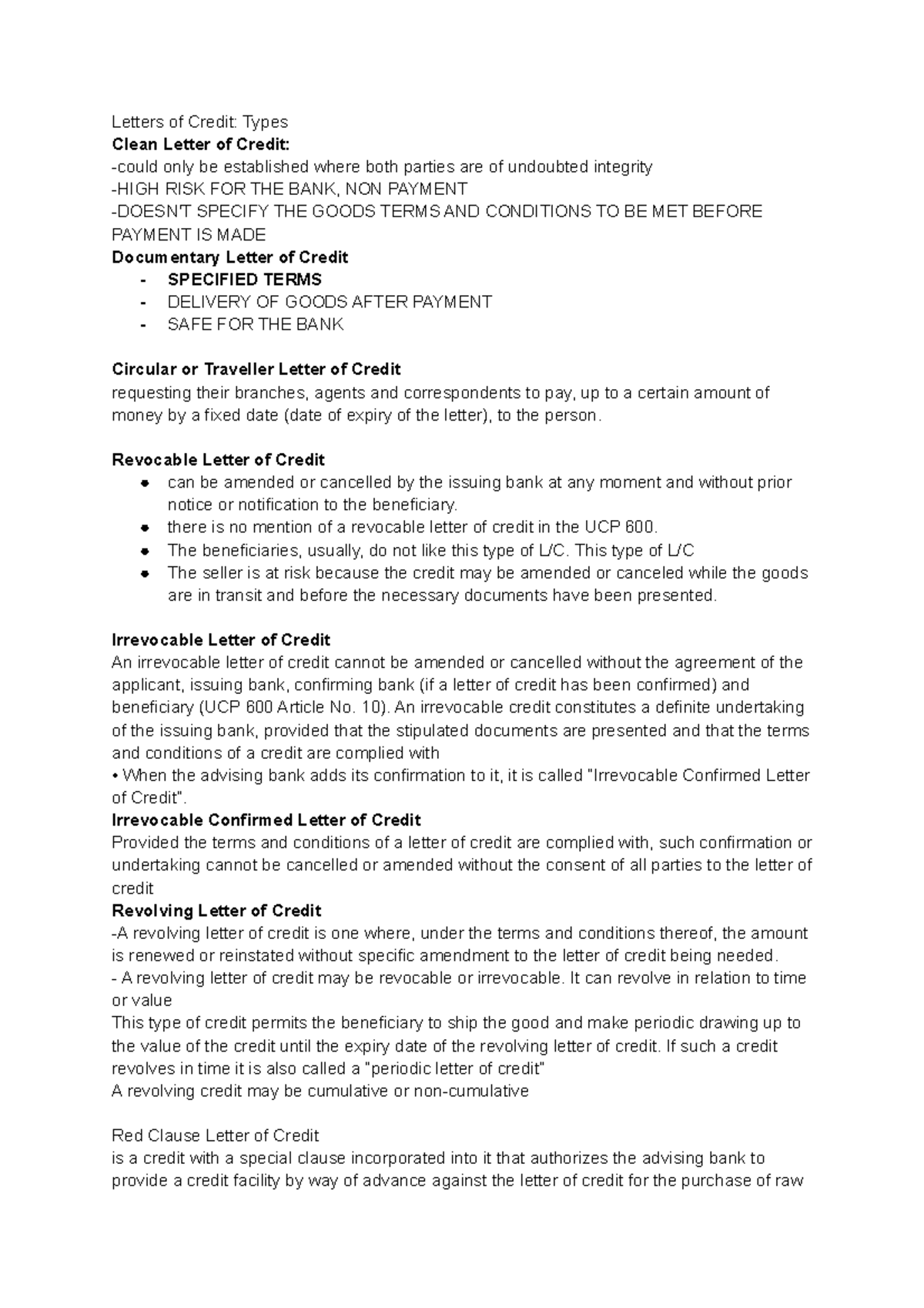 Resumen ITF - Letters of Credit: Types - Letters of Credit: Types Clean ...
